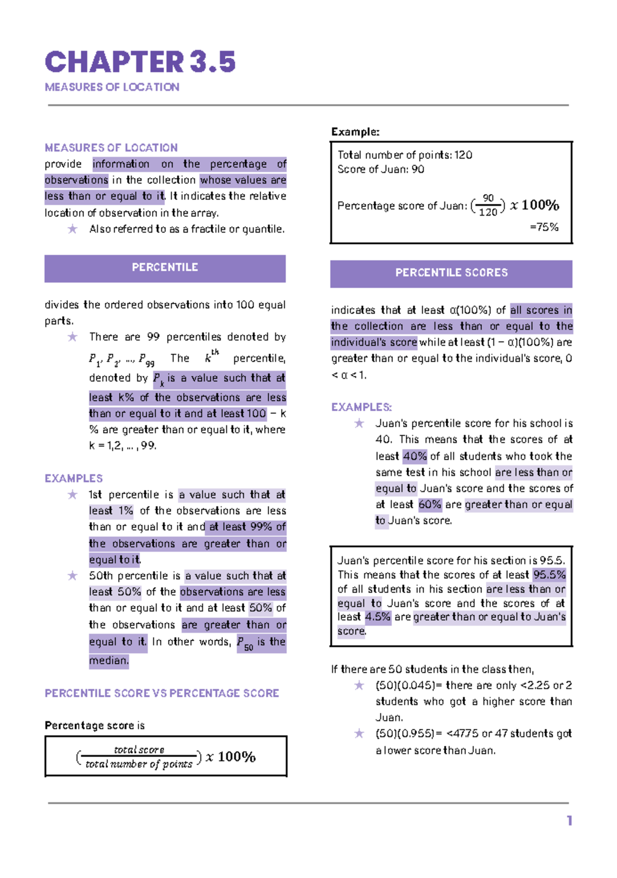Notes STAT 101 Chapter 3 - CHAPTER 3. MEASURES OF LOCATION MEASURES OF ...