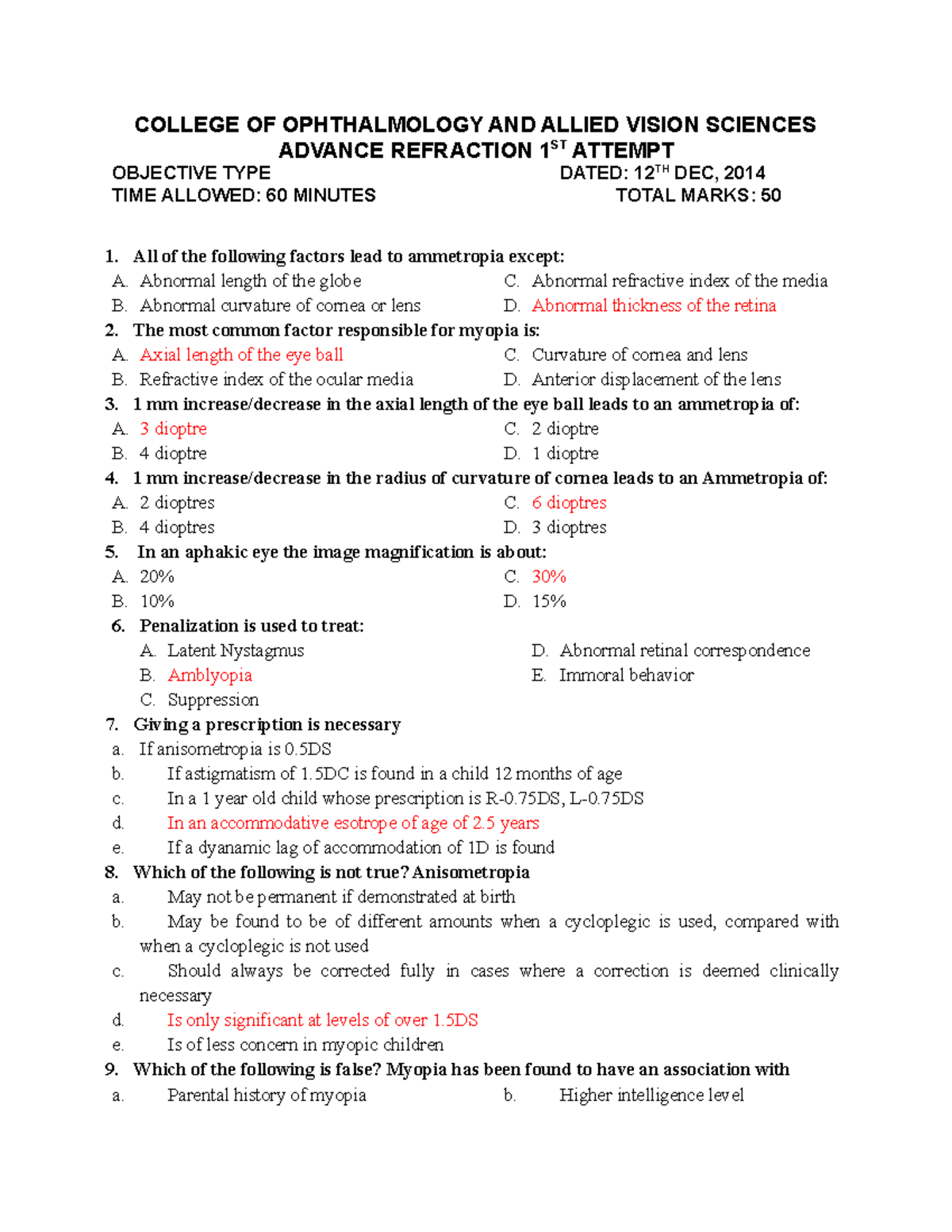 Optometry MCQs - Advanced Refraction 1st Attempt Exam 2014 - Studocu