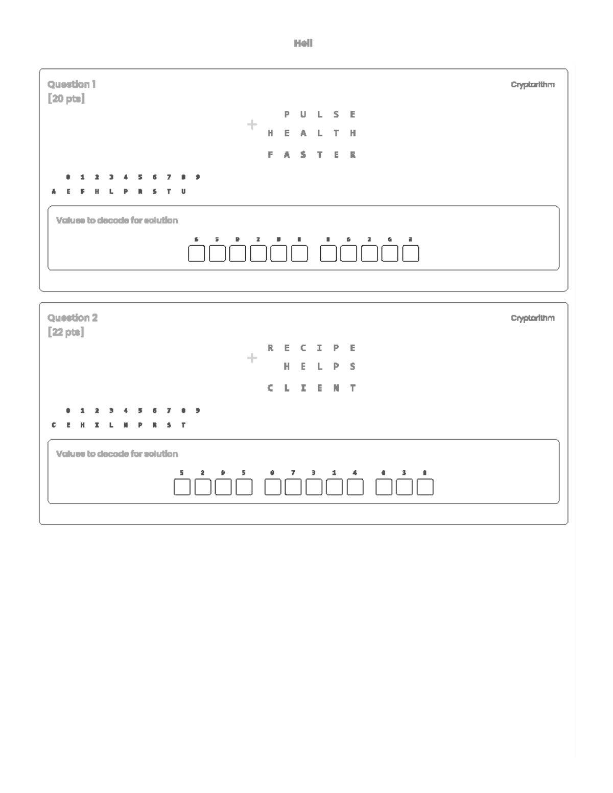 Cryptarithm Solutions for PULSE HEALTH 0123456789 - Studocu