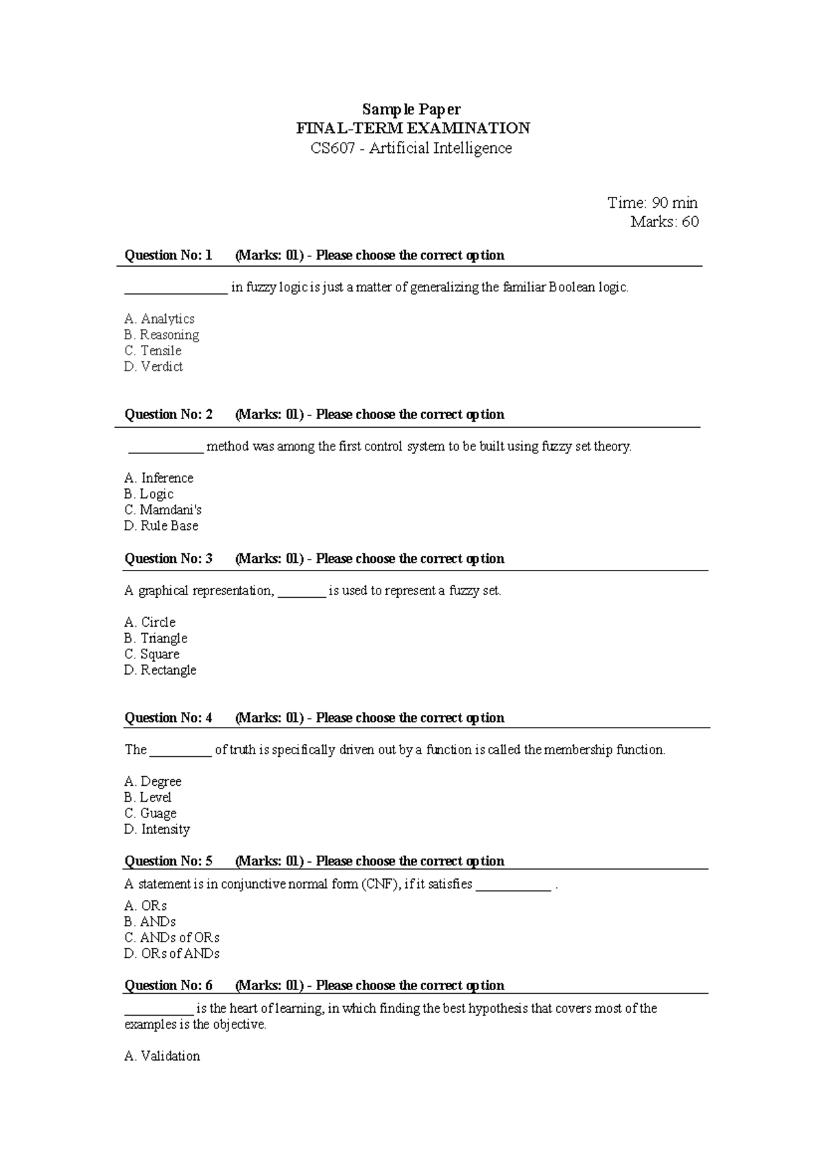 CS607 Final Exam Sample Paper on Artificial Intelligence - Studocu