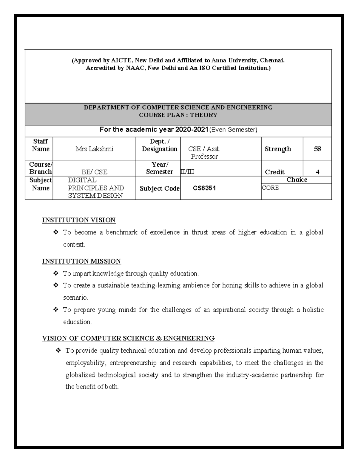 DPSD CS8351 Course Plan: Digital Principles & System Design (2020-2021 ...