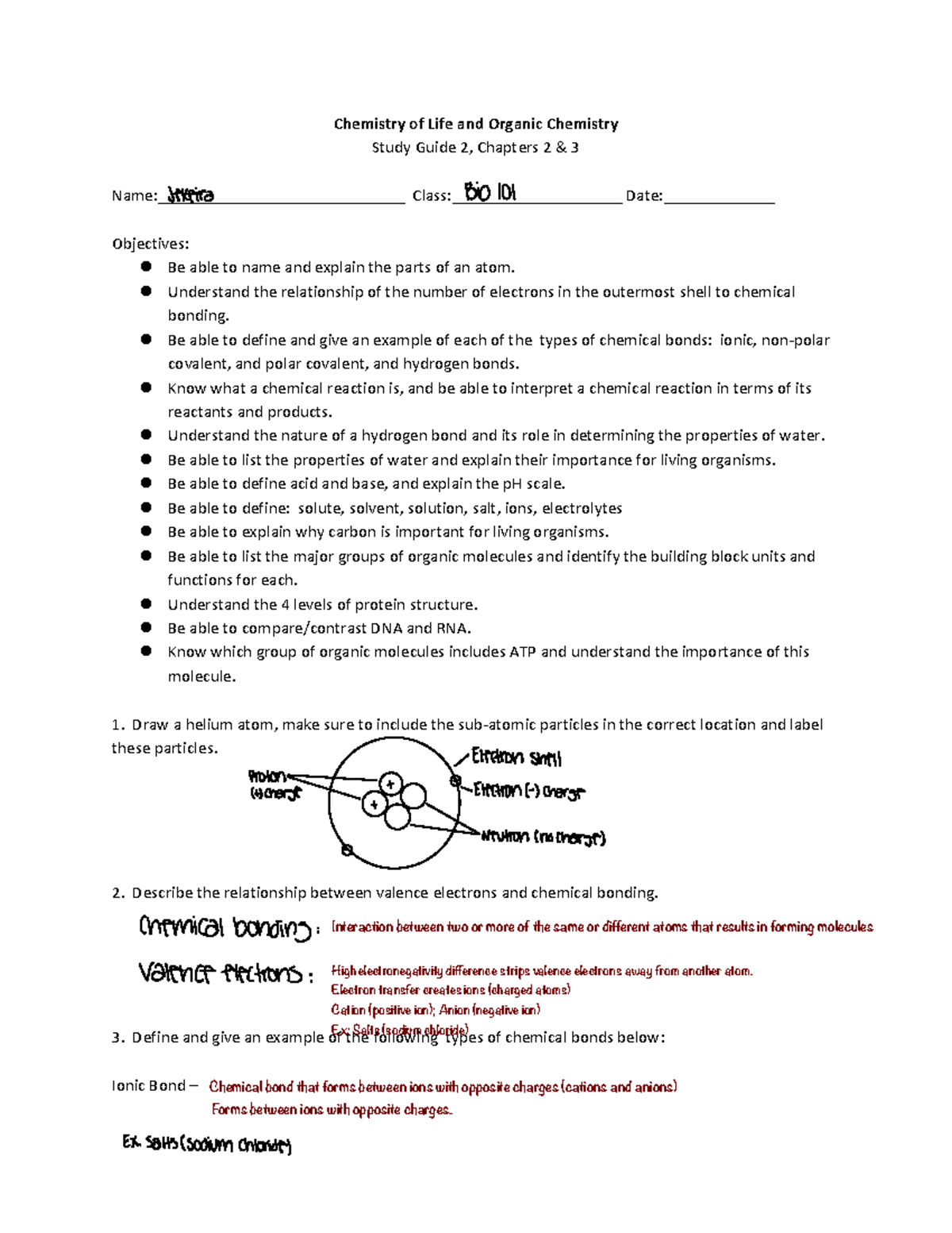 BIO 101 Study Guide: Chemistry of Life & Organic Chemistry - Studocu
