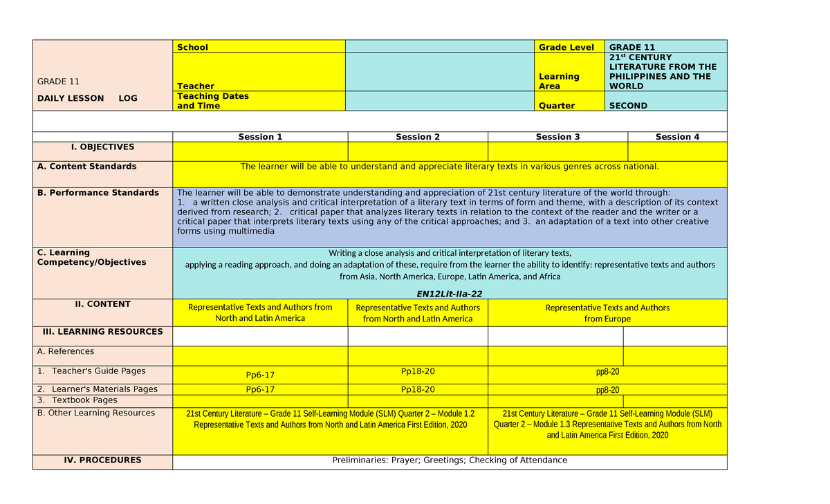 GRADE 11 DLL: Daily Lesson Log on 21st Century Literature - Studocu