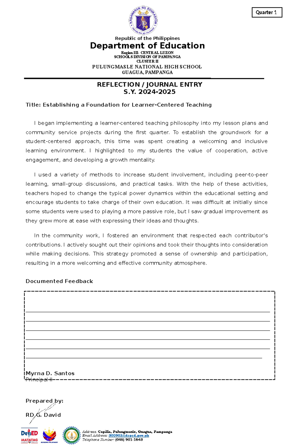 Obj. 14 - Reflection on Learner-Centered Teaching Journey - Studocu
