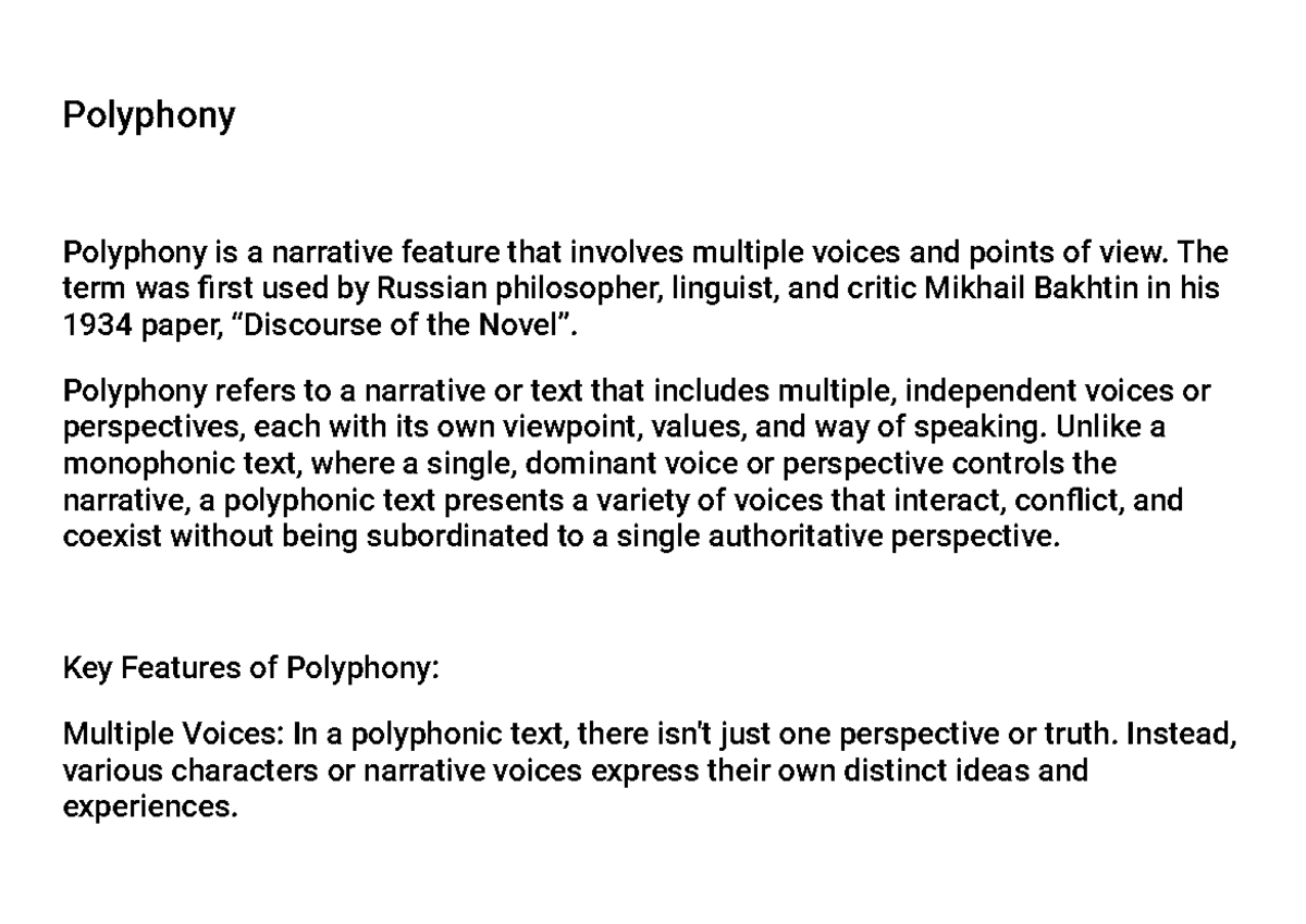 Polyphony: An Overview of Bakhtin's Critical Studies on Narrative - Studocu