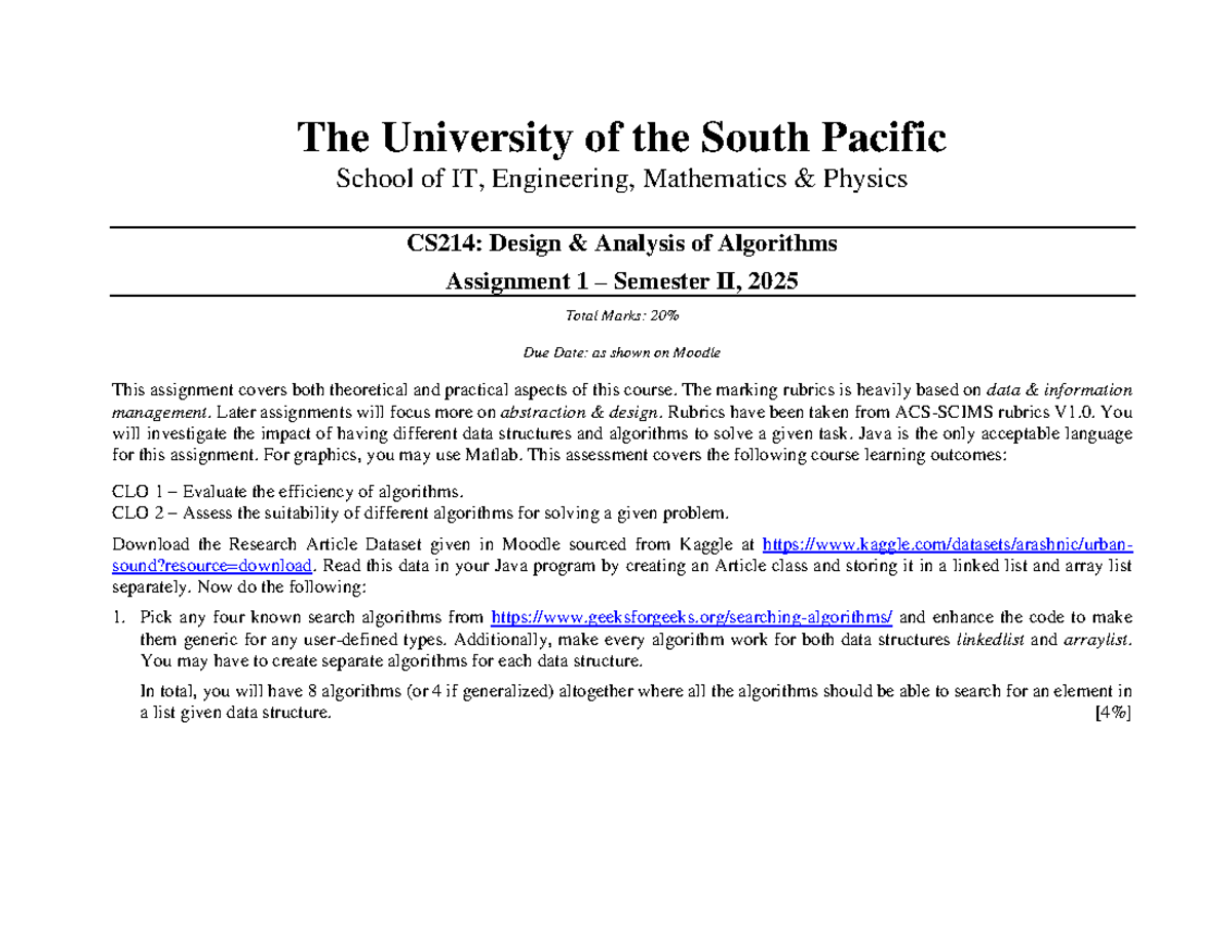CS214: Design Analysis of Algorithms - Assignment 1 Overview - Studocu