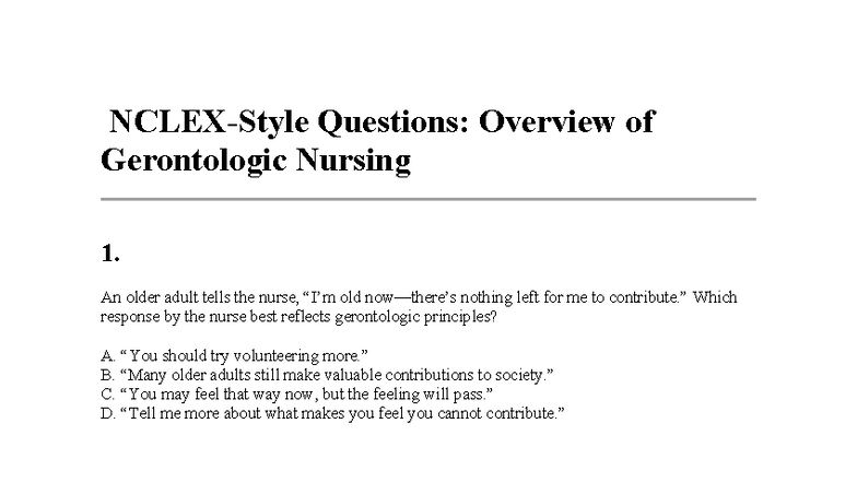 GERI 101: Practice Test on Gerontologic Nursing Principles and Policies ...