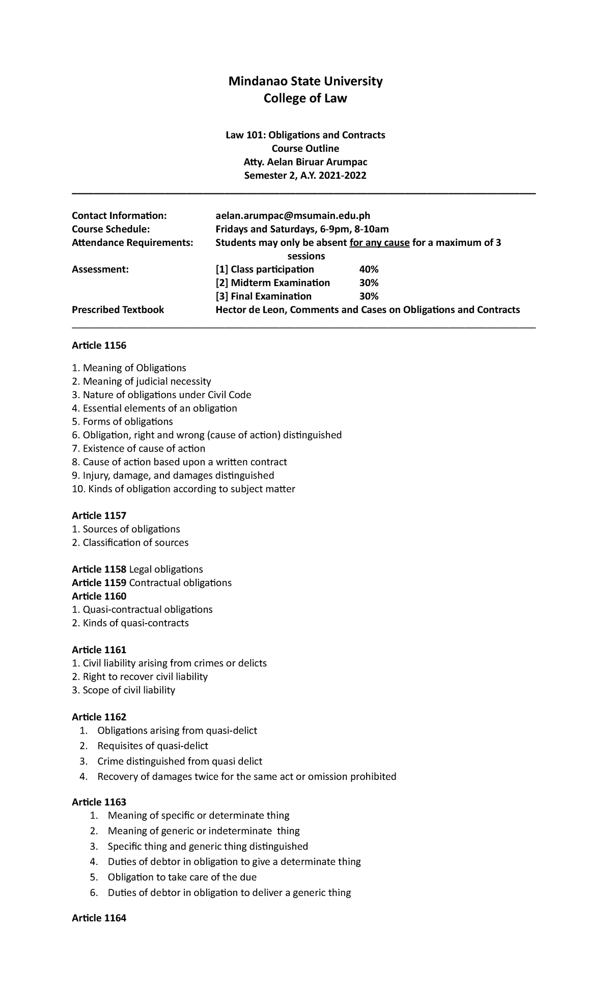 Syllabus Oblicon - Bachelor of Laws - MSU-IIT - Studocu