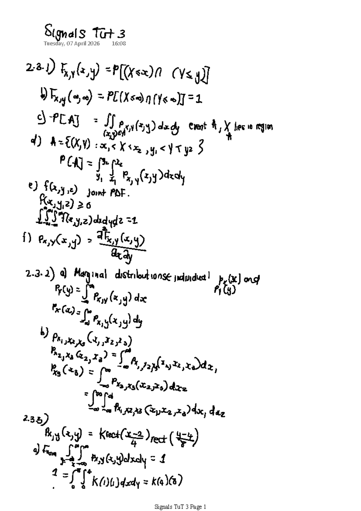 Signals TuT 3 - Multiple Random Variables Tutorial Notes - Studocu