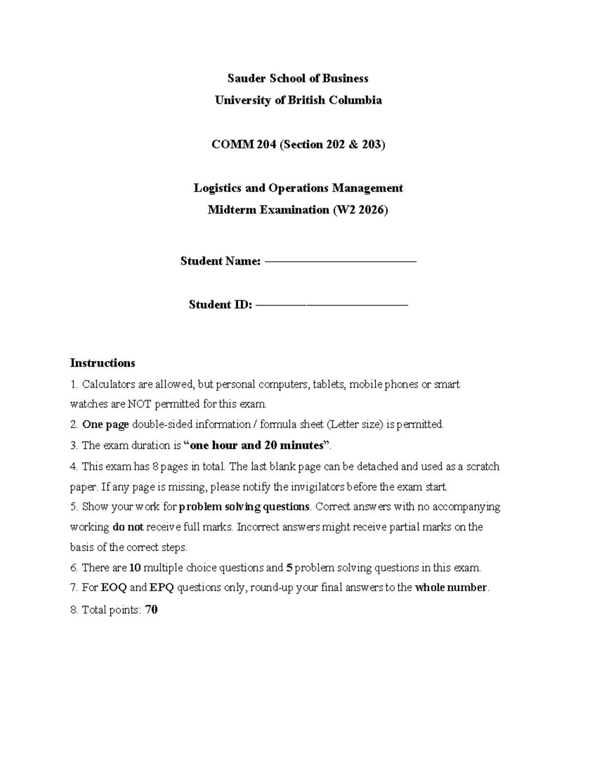 COMM 204 Logistics & Operations Management Midterm Exam (W2 2026) - Studocu