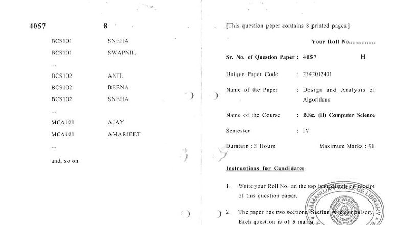 4057 B.Sc. (H) CS Sem IV Question Paper: Design & Analysis of ...