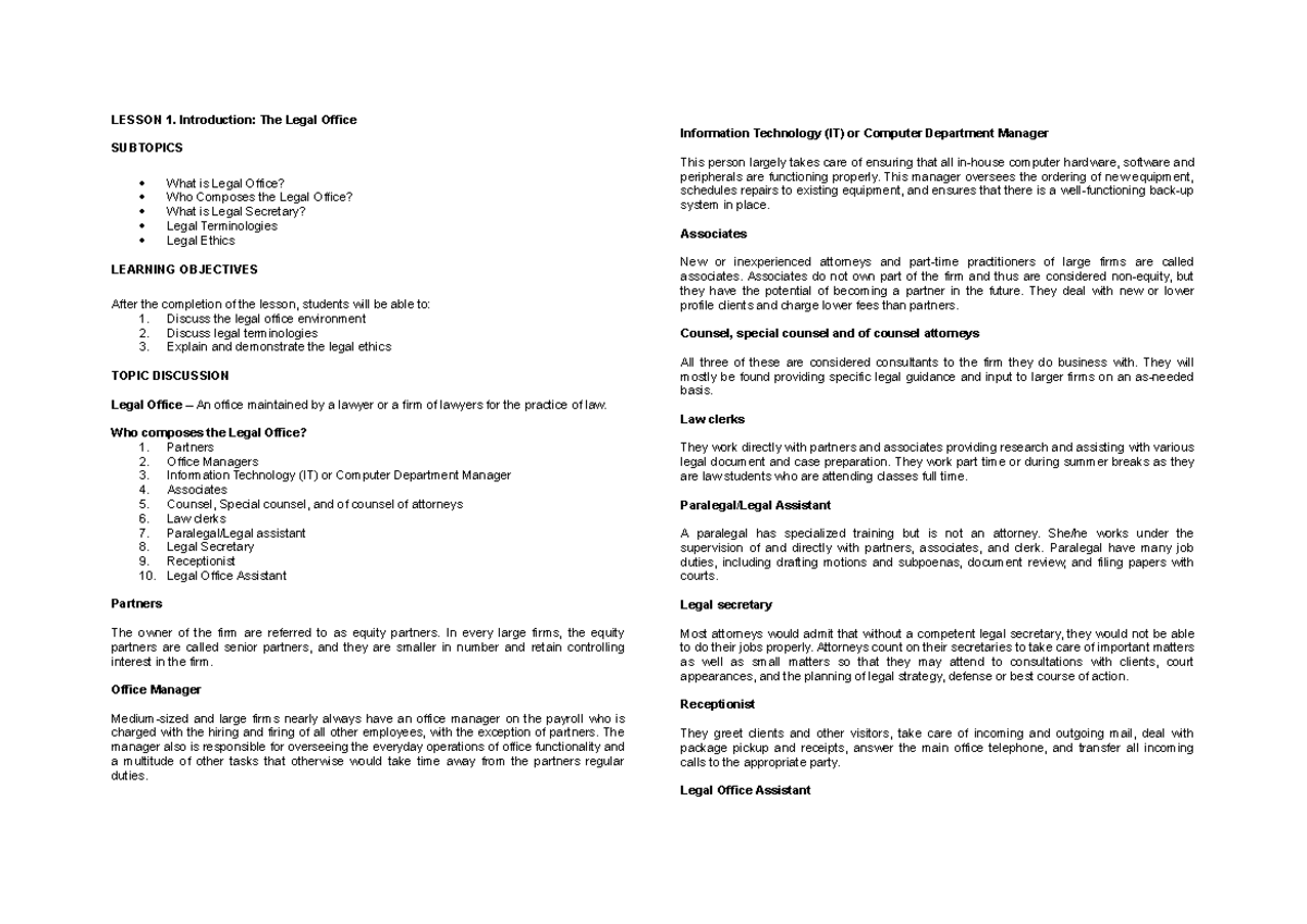 OFAD126 - Lesson 1: Overview of Legal Office Procedures - Studocu