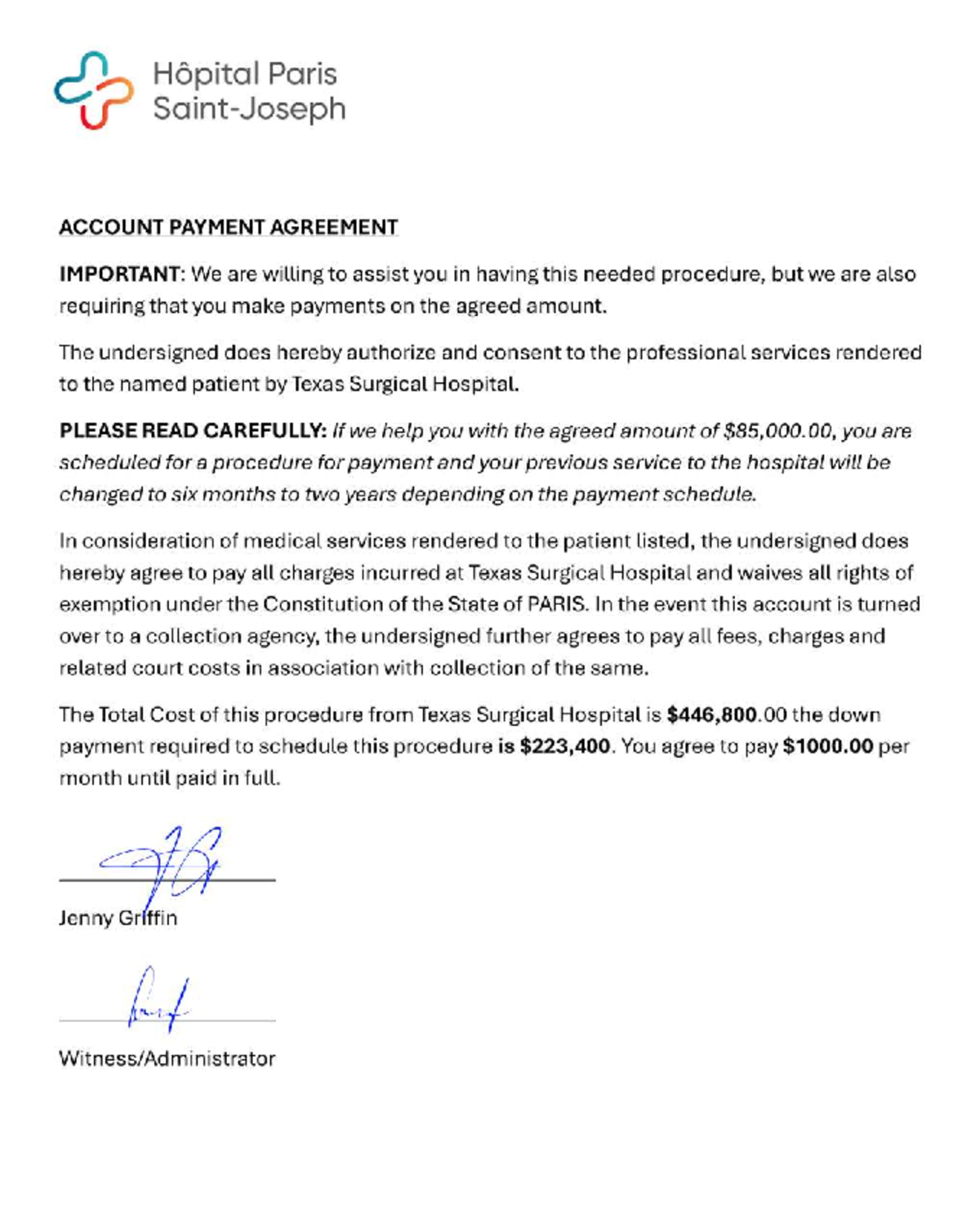 Hôpital Paris Account Payment Agreement for Texas Surgical Hospital ...