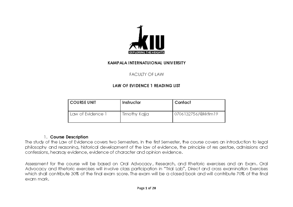 KIU Law of Evidence 1 Reading List - Final Exam Aug 2024 - Studocu