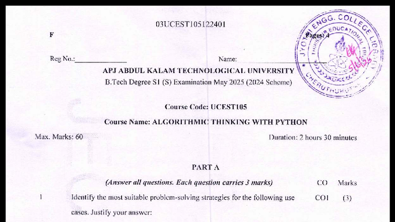 UCEST 105 Algorithmic Thinking WITH Python, MAY 2025 Solved Previous ...