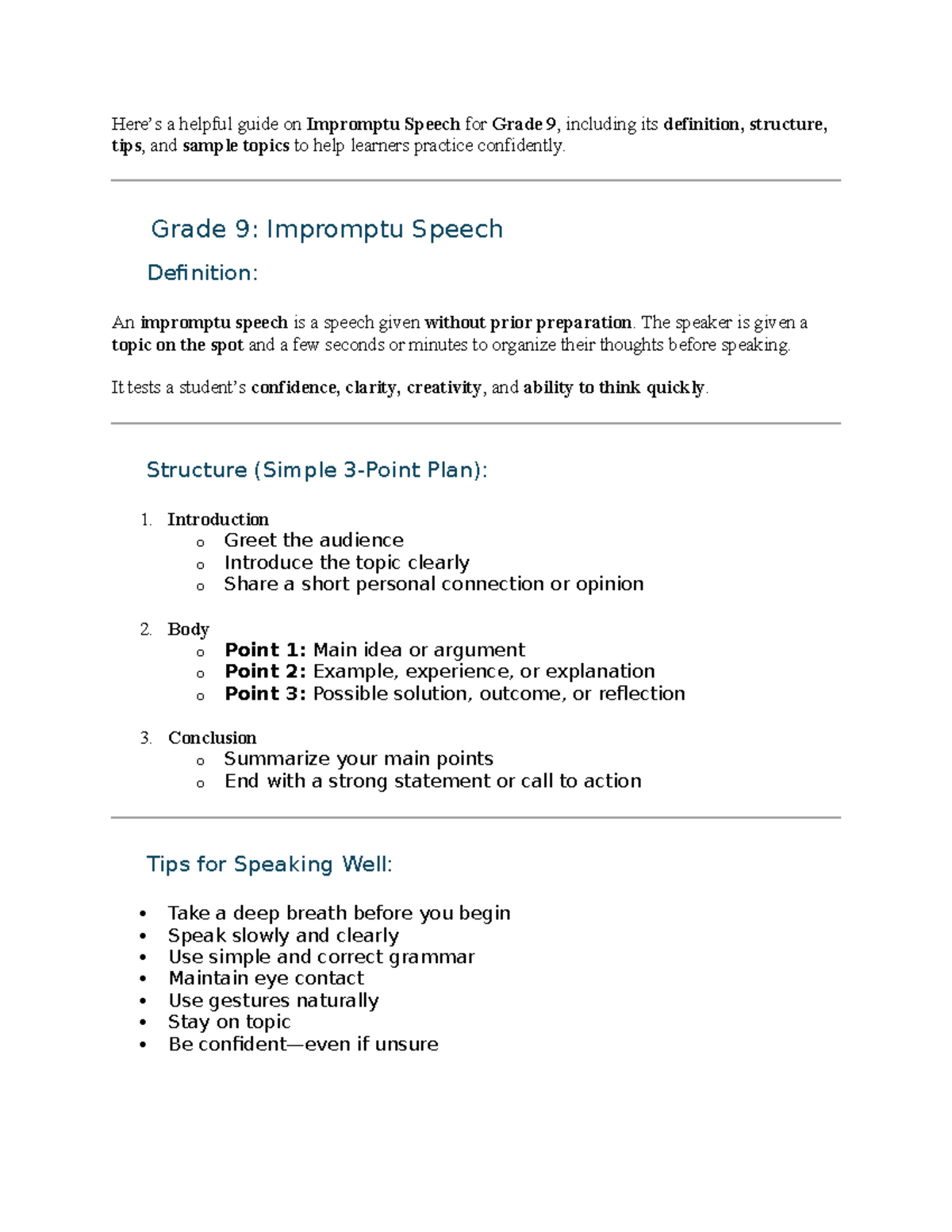 Grade 9: Impromptu Speech Guide for Junior School Competition - Studocu