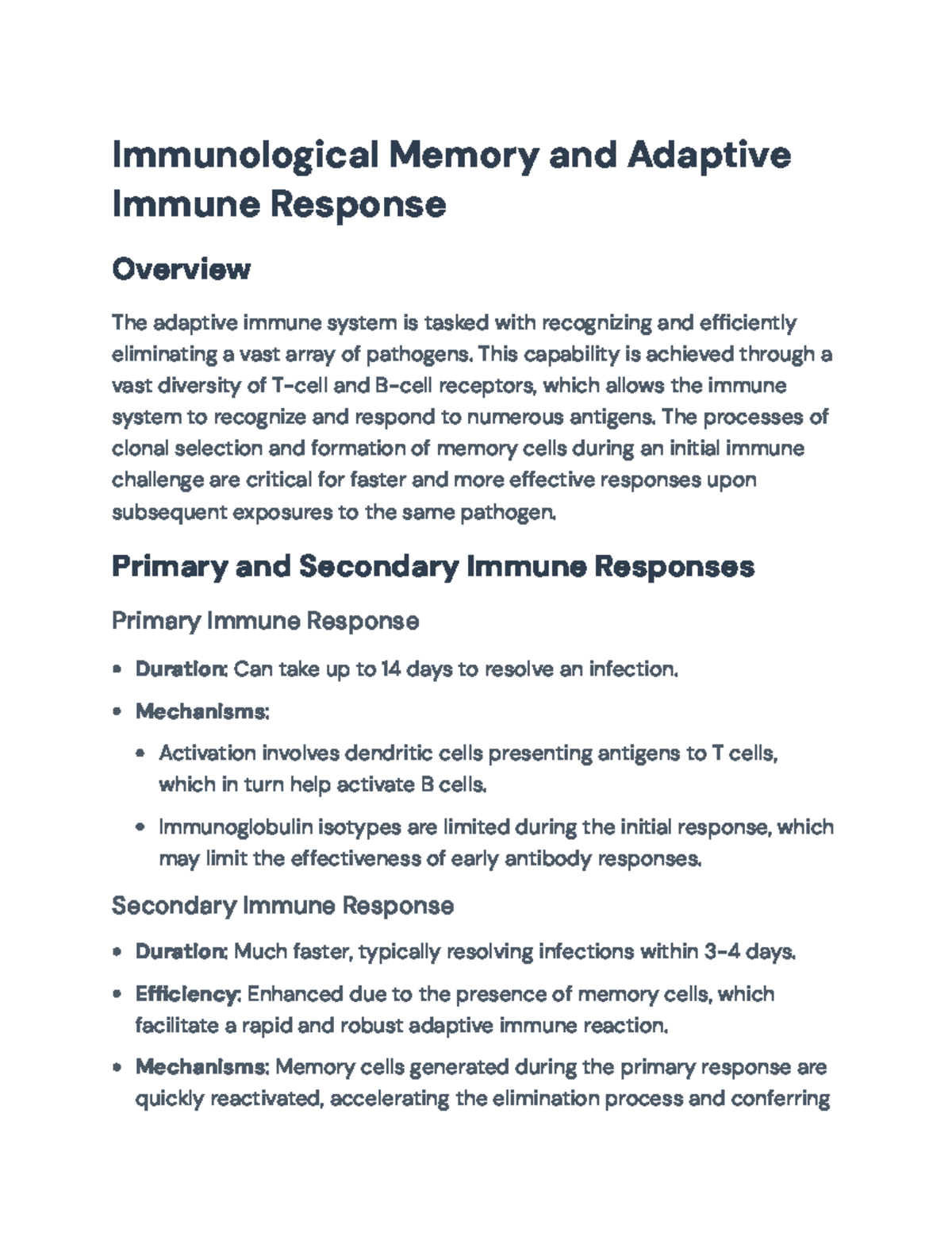 Immunological Memory and Adaptive Immune Response Overview ...