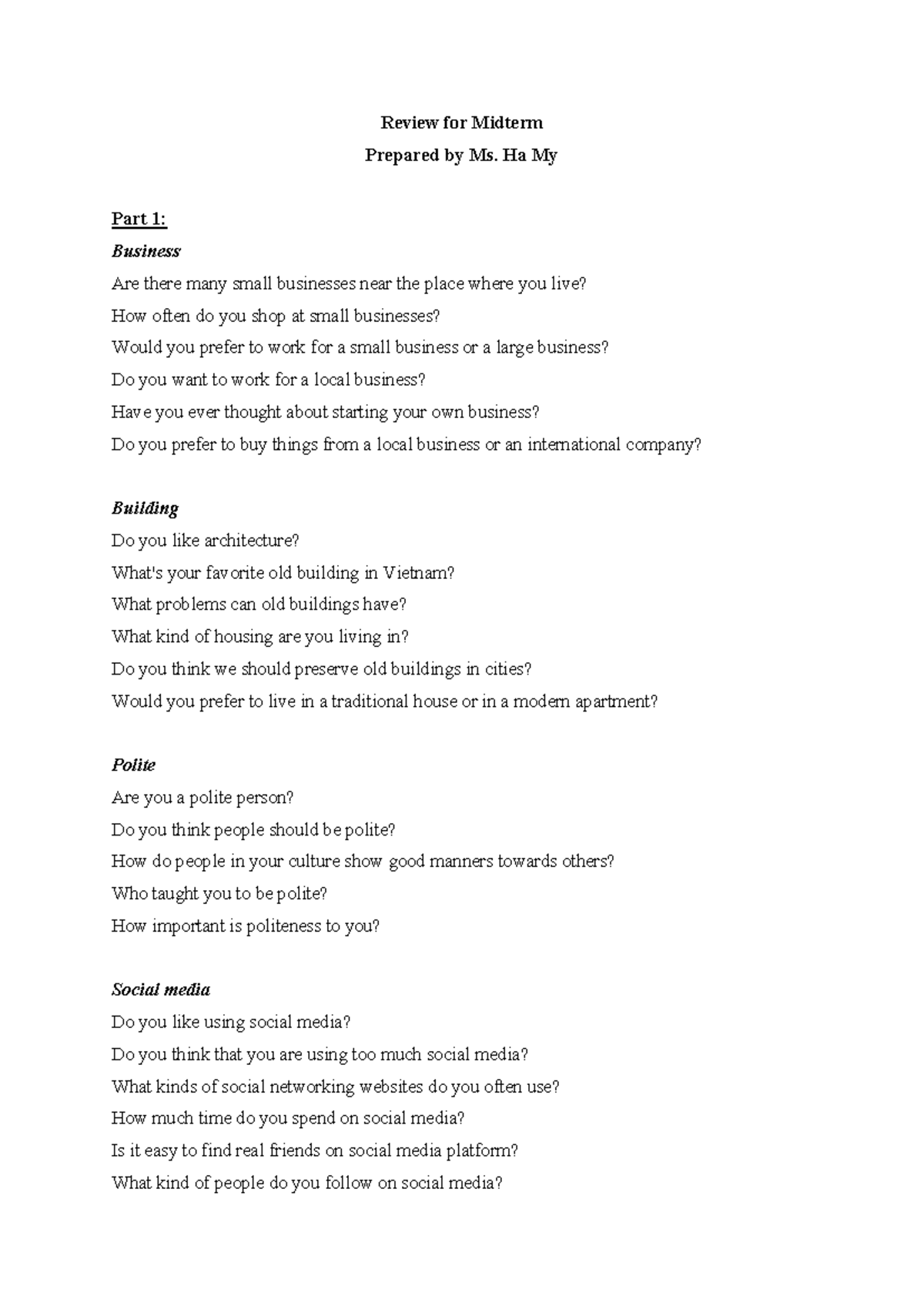 Midterm Review for Speaking 1: Business, Architecture, Family & Social ...