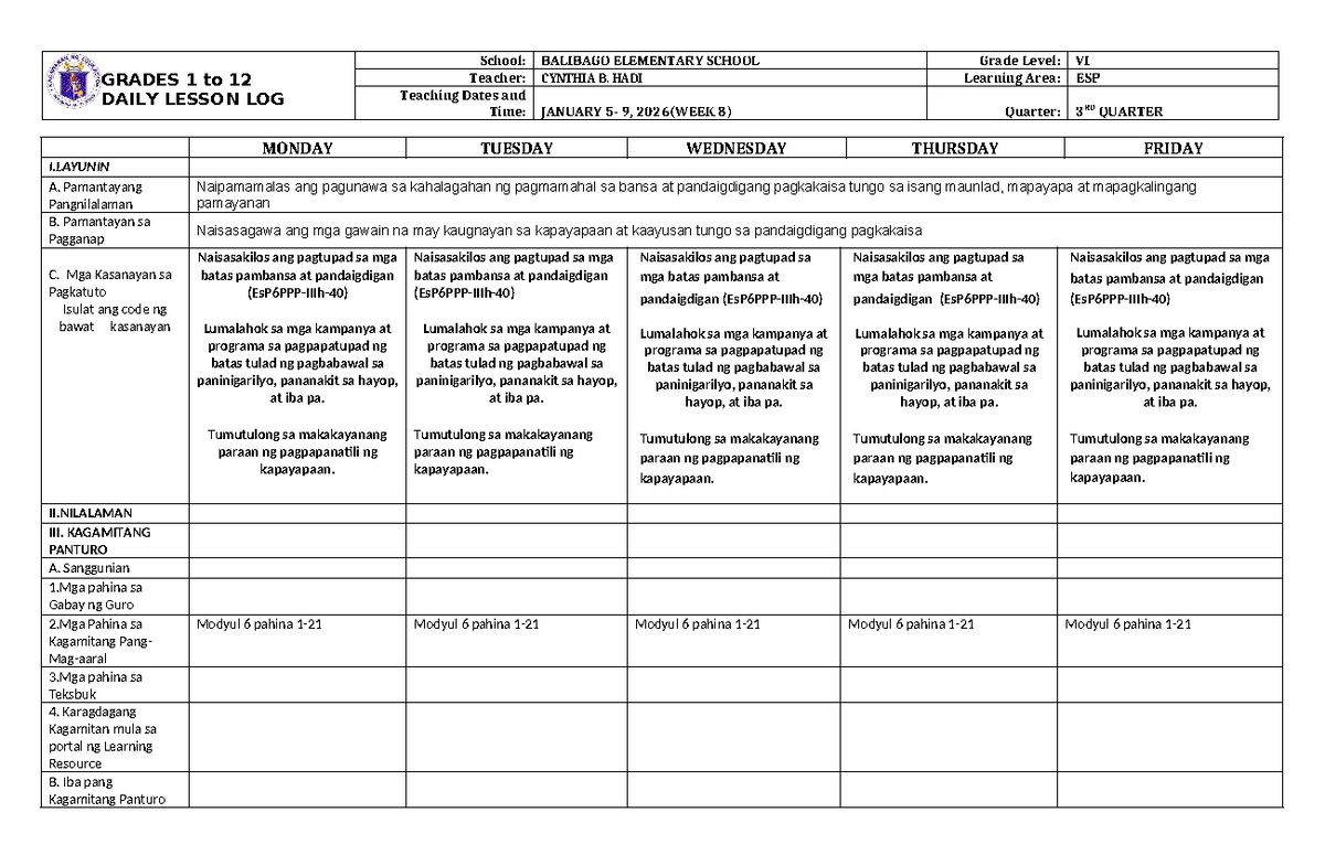DLL ESP6 Q3 W8: Daily Lesson Log for Grade 6 ESP - Studocu