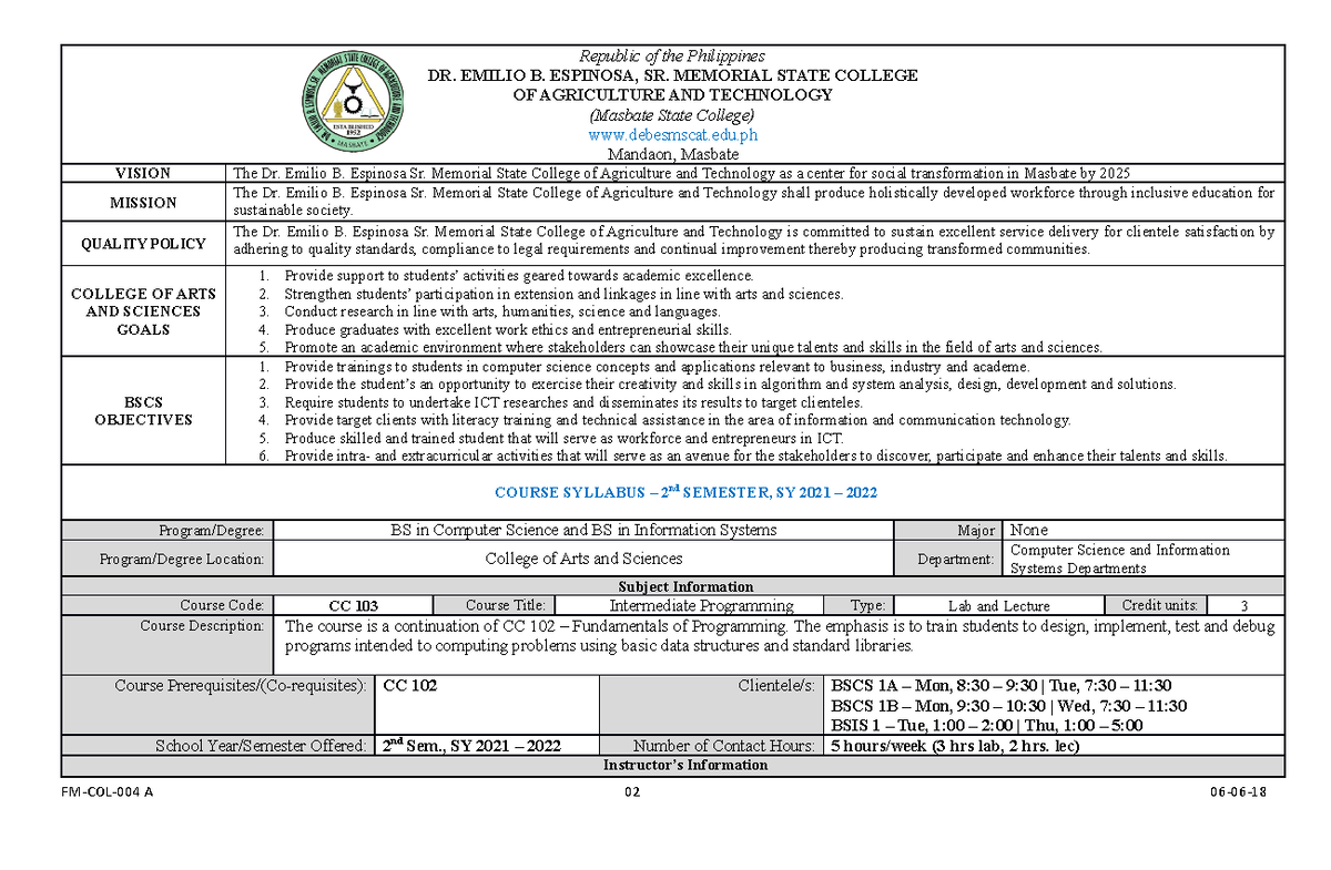 CC 103 Intermediate Programming Syllabus for 2nd Semester SY 2021-2022 - Studocu