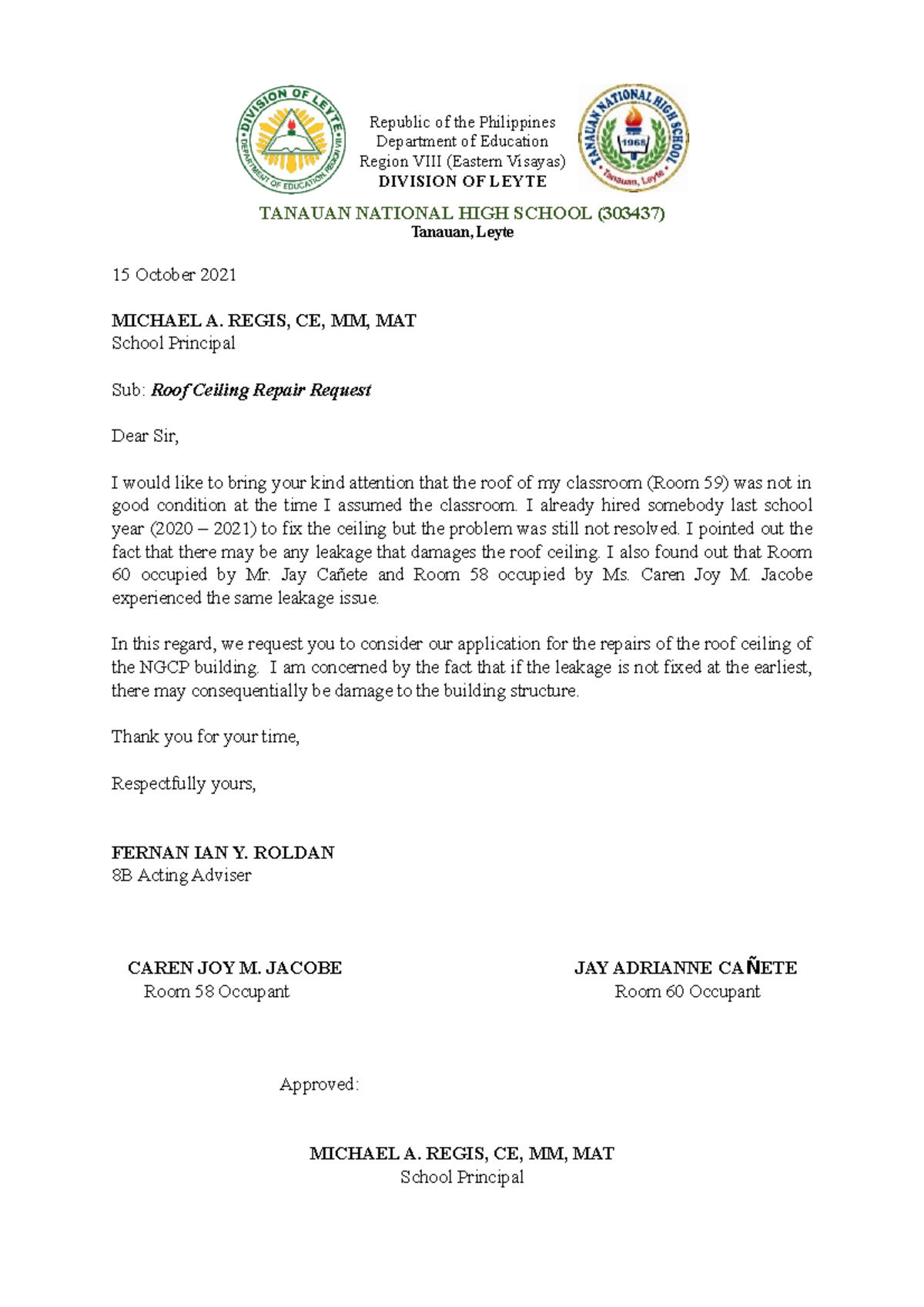 Roof Ceiling Repair Request for Classrooms 58-60 (303437) - Studocu