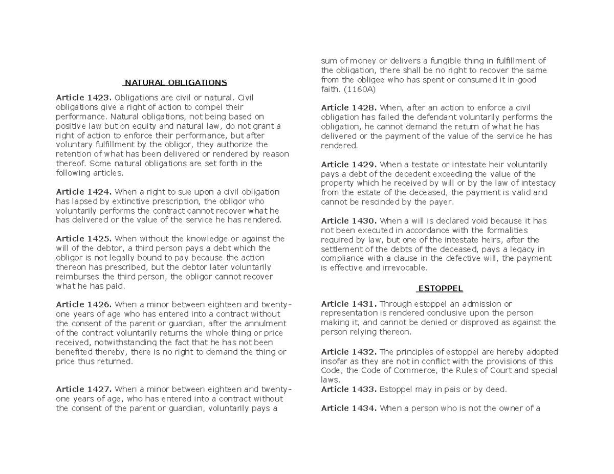 Natural Obligations and Estoppel: Legal Principles Explained - Studocu