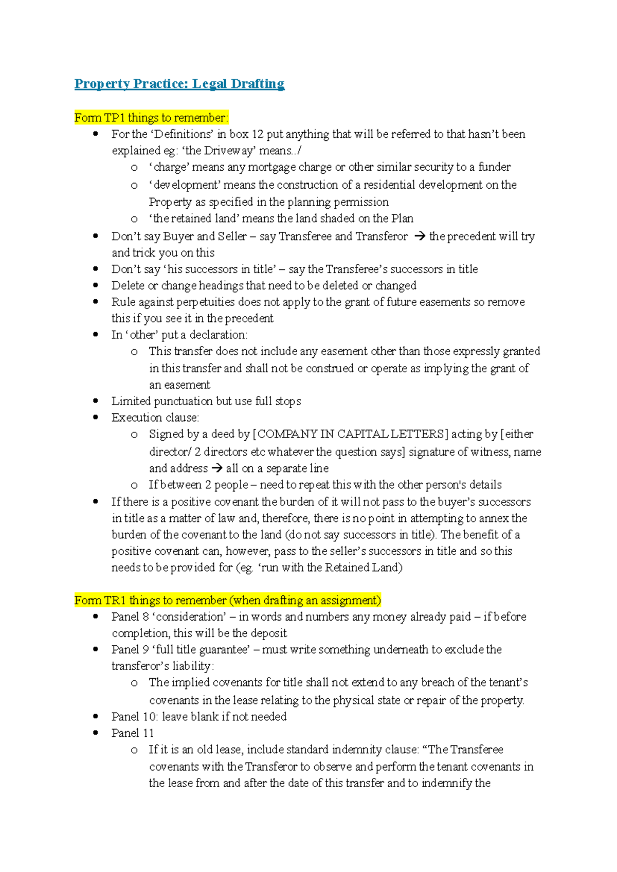 Property Practice: Legal Drafting Tips for Form TP1 and TR1 - Studocu