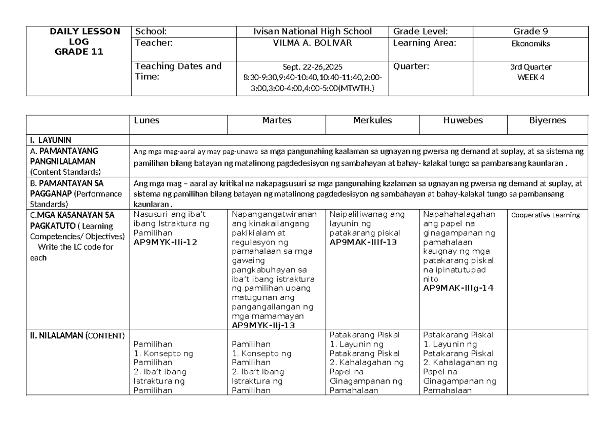DLL GRADE 9 EKONOMIKS 3RD QUARTER WEEK 4 LESSON LOG - Studocu
