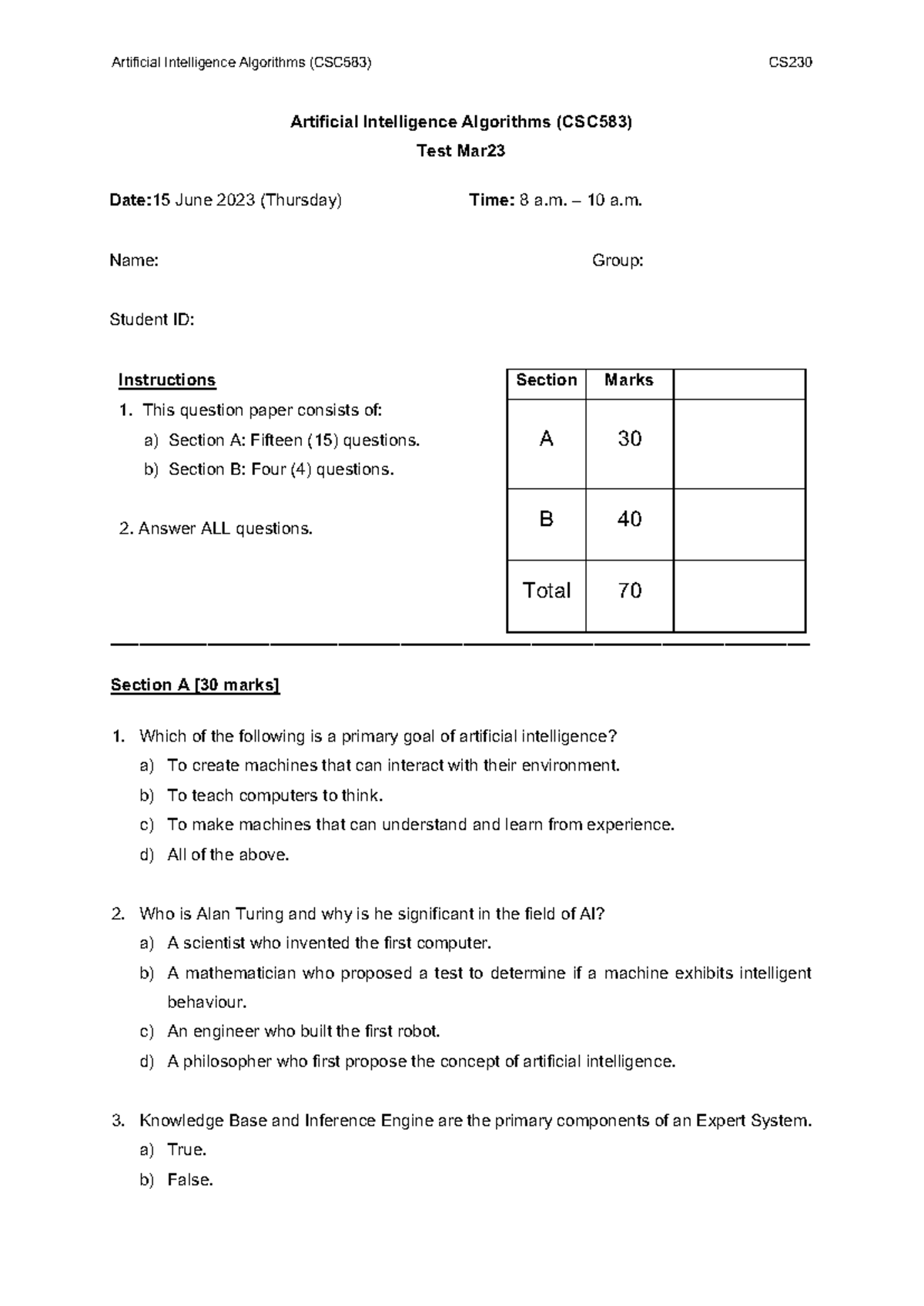 Artificial Intelligence Algorithms (CSC583) Test - June 2023 - Studocu