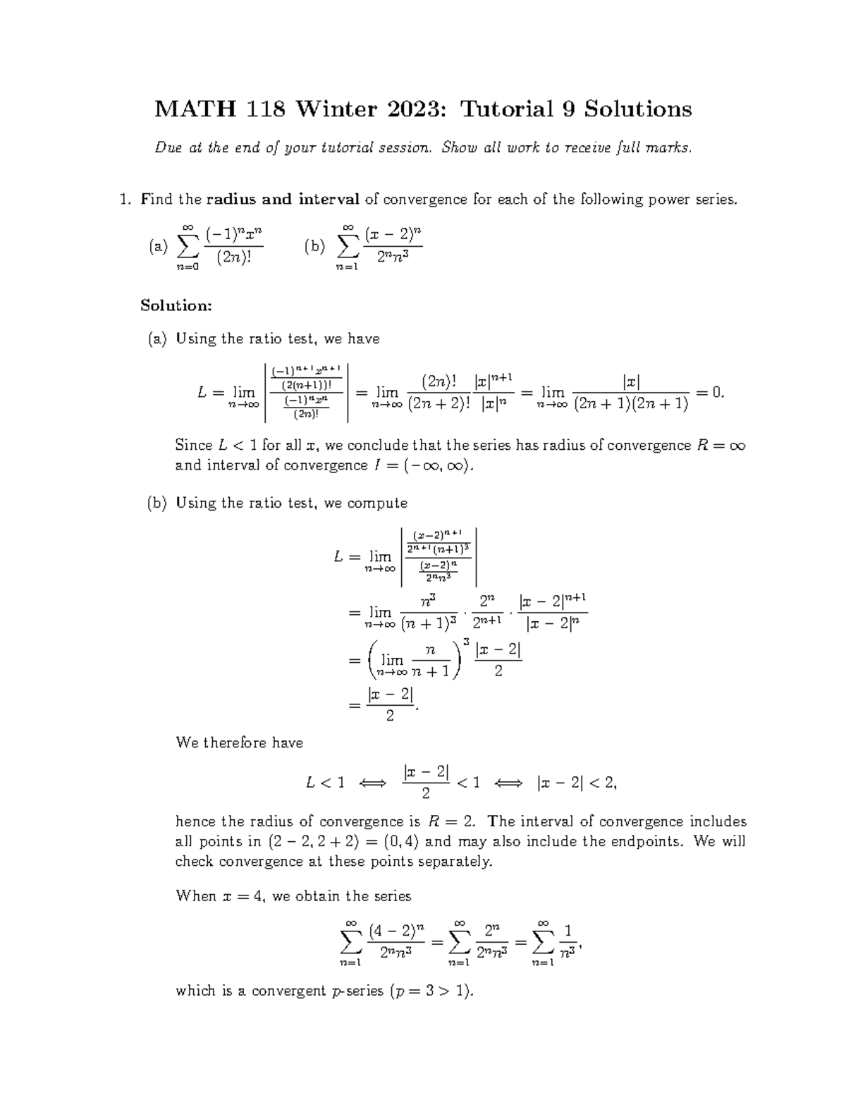 M118 W23 T09 Solutions - Power Series Convergence Analysis - Studocu