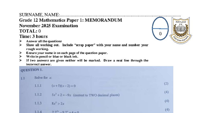 12M Mathematics Paper 1: Final Exam November 2025 - Studocu