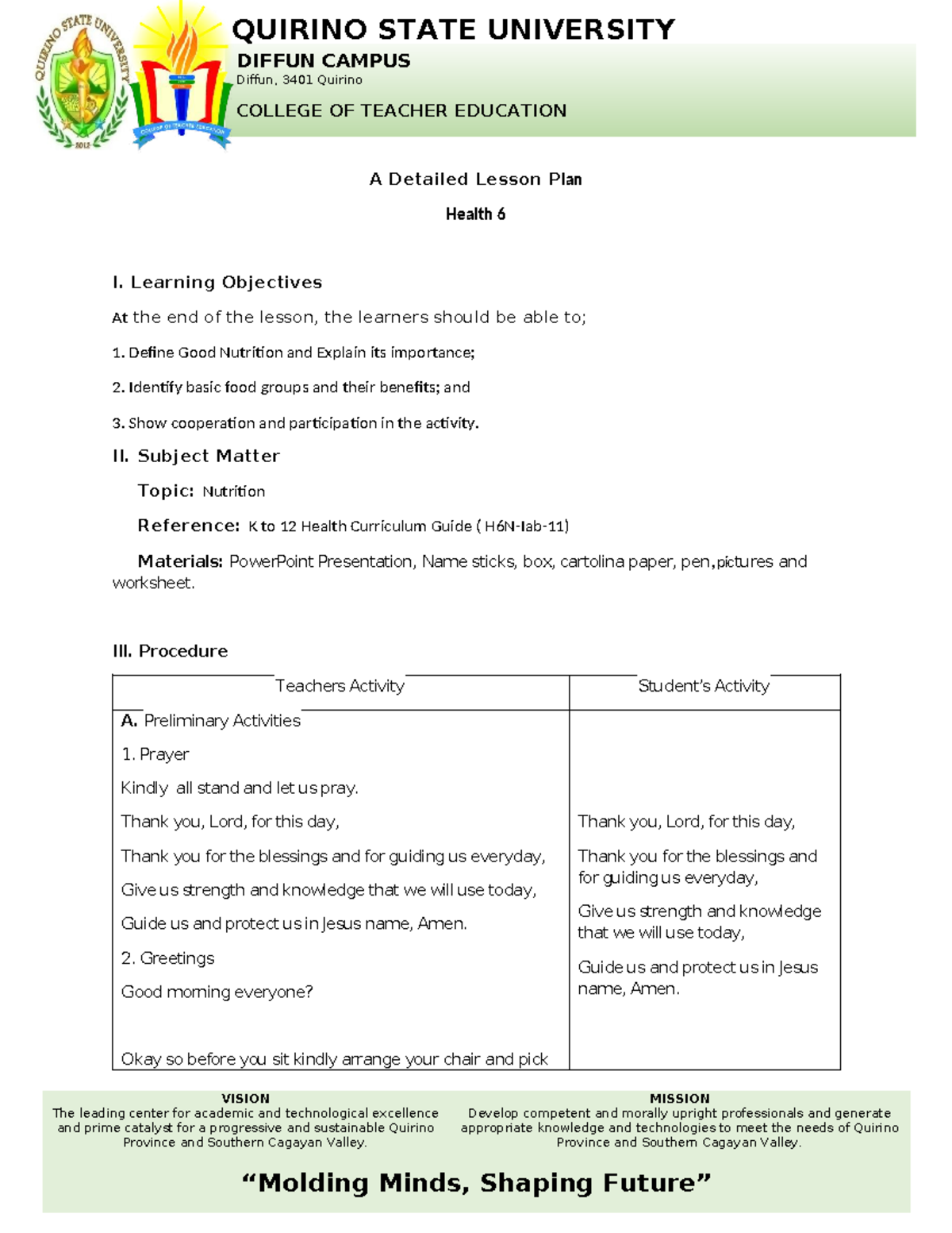 DLP in Health 3333: Detailed Lesson Plan on Nutrition for Grade 6 - Studocu