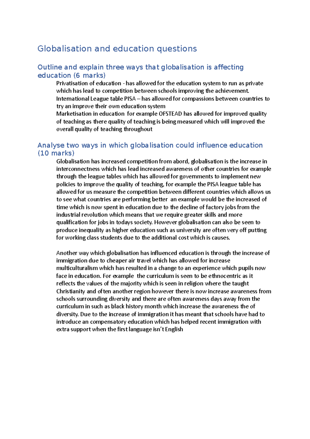 Globalisation and Education Impact - Exam Questions (EDU101) - Studocu