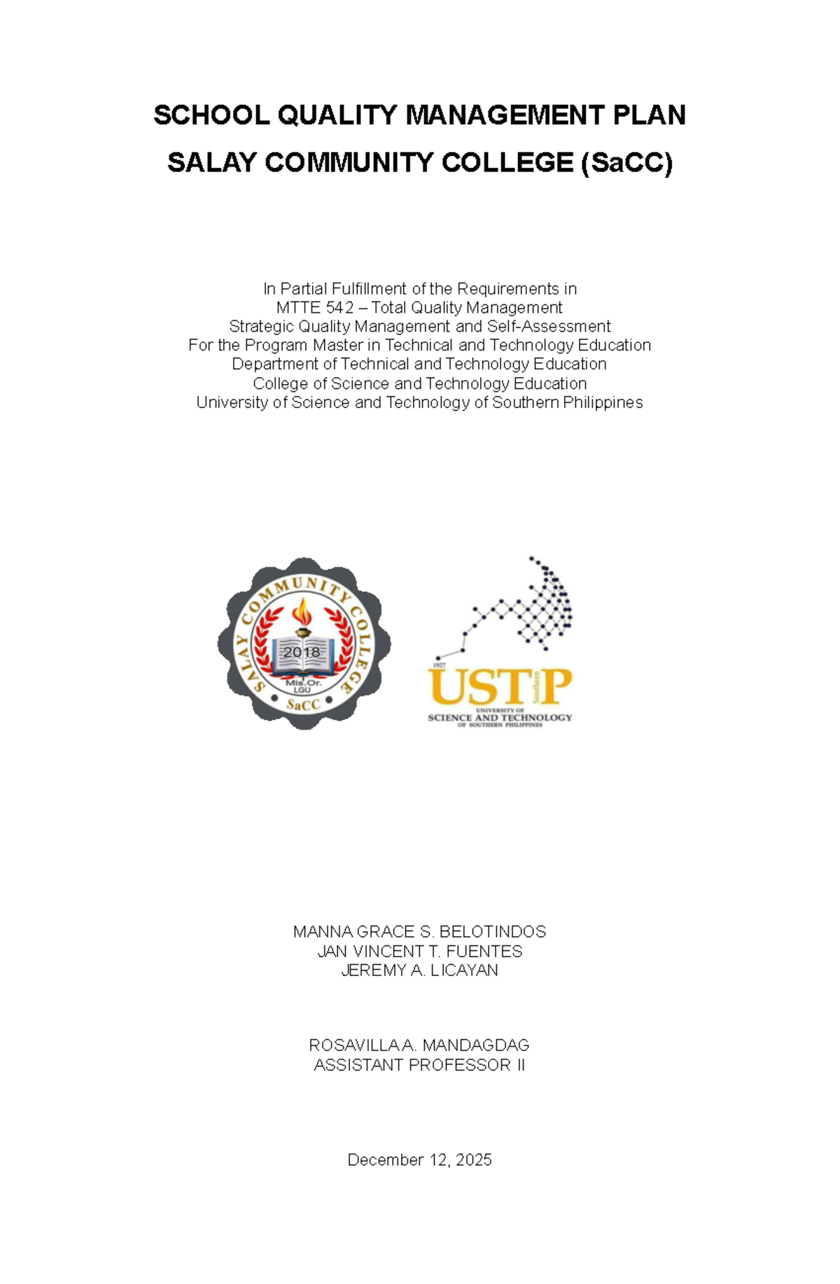 School Quality Management Plan for SaCC in MTTE 542: A Strategic ...