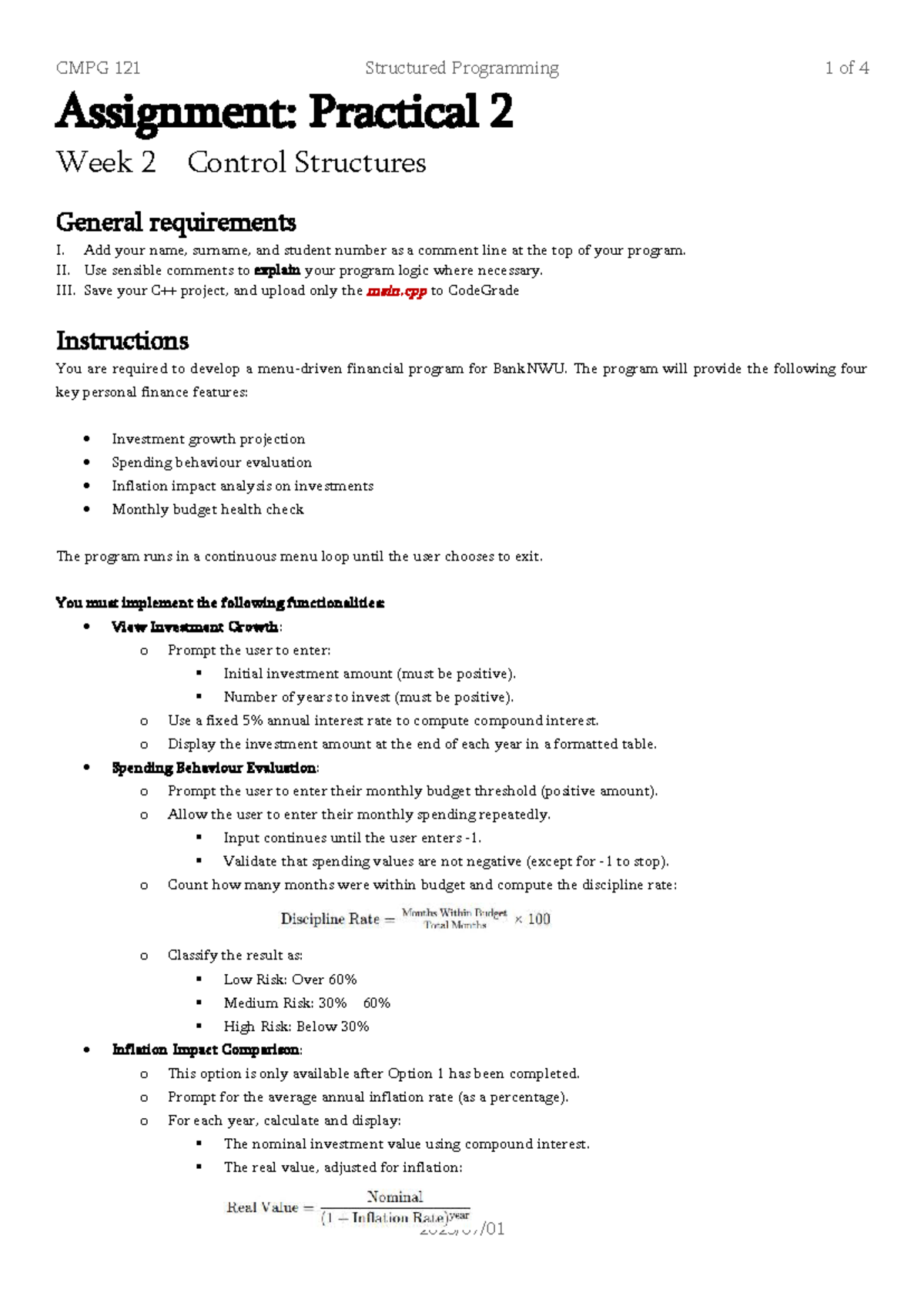 CMPG 121 Structured Programming Practical 2: Financial Program ...
