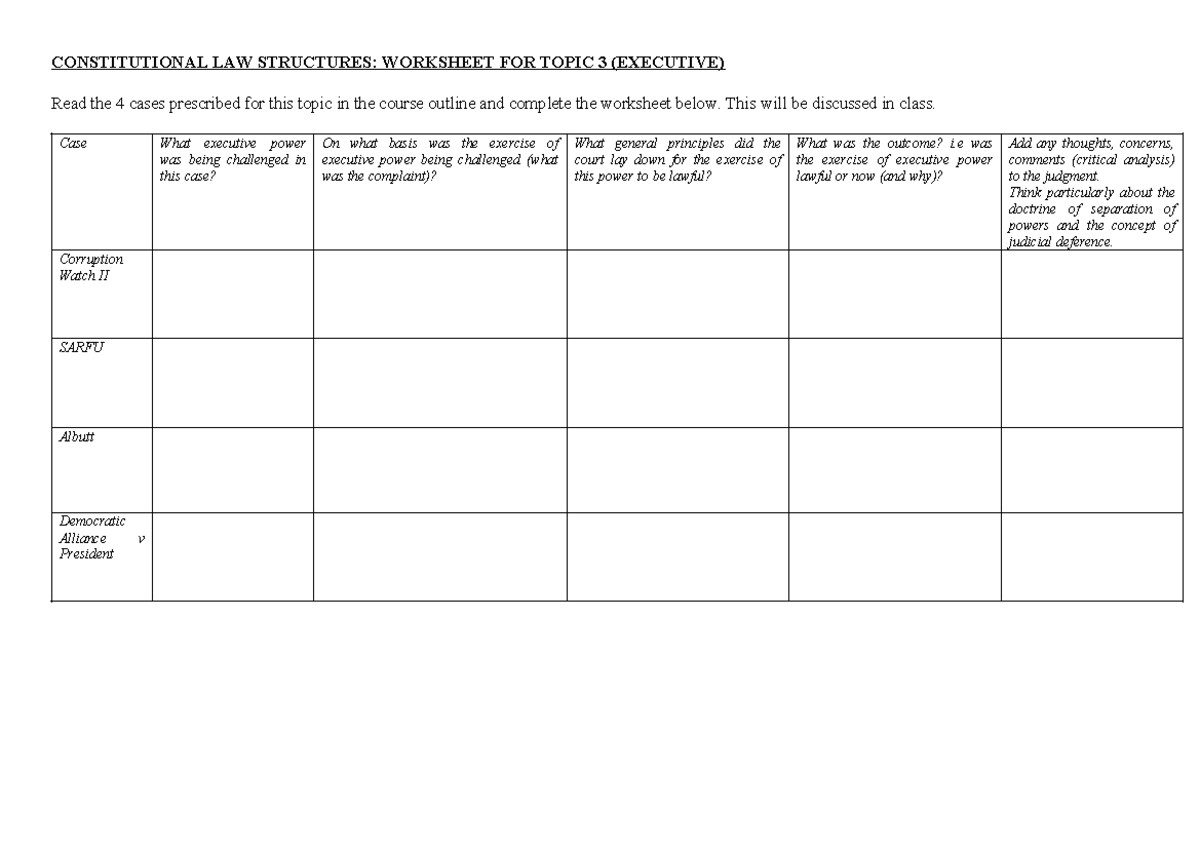 Constitutional LAW Structures: Worksheet for Topic 3 (Exec) 2024 - Studocu
