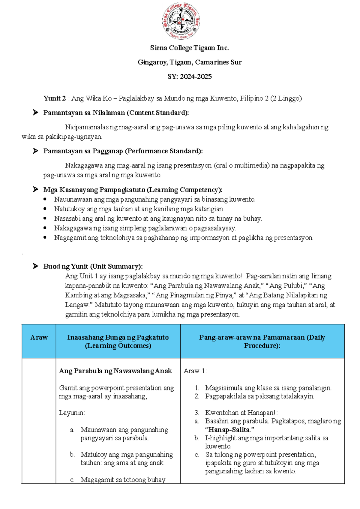 Unit Plan (TTL2) for Filipino 2: Ang Wika Ko - Yunit 2 Activities ...