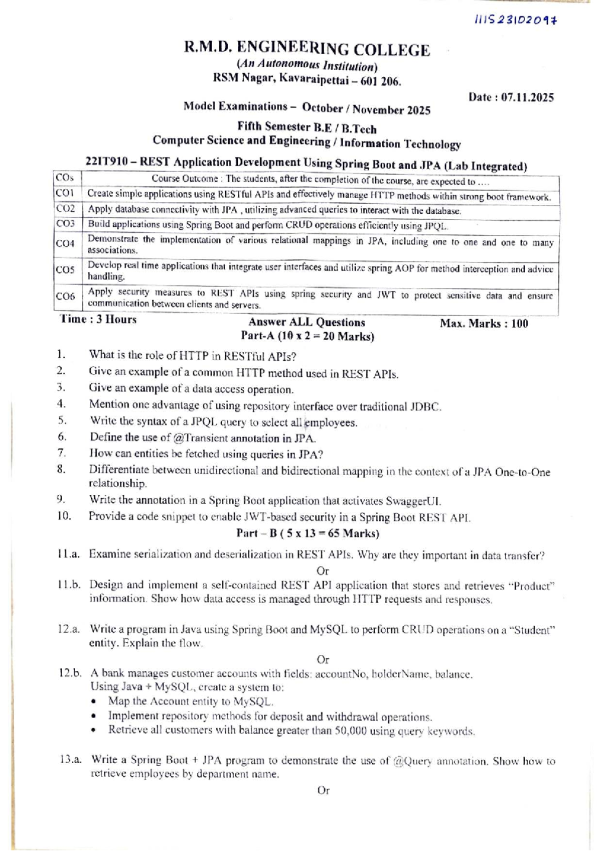 22IT910 Model Exam: REST Application Development Using Spring Boot ...