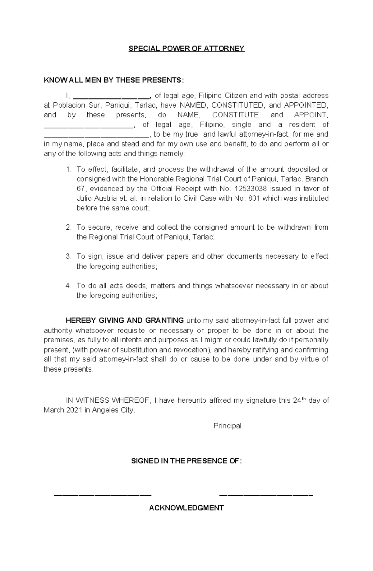 SPECIAL POWER OF ATTORNEY (SPA) DOCUMENT TEMPLATE - Studocu