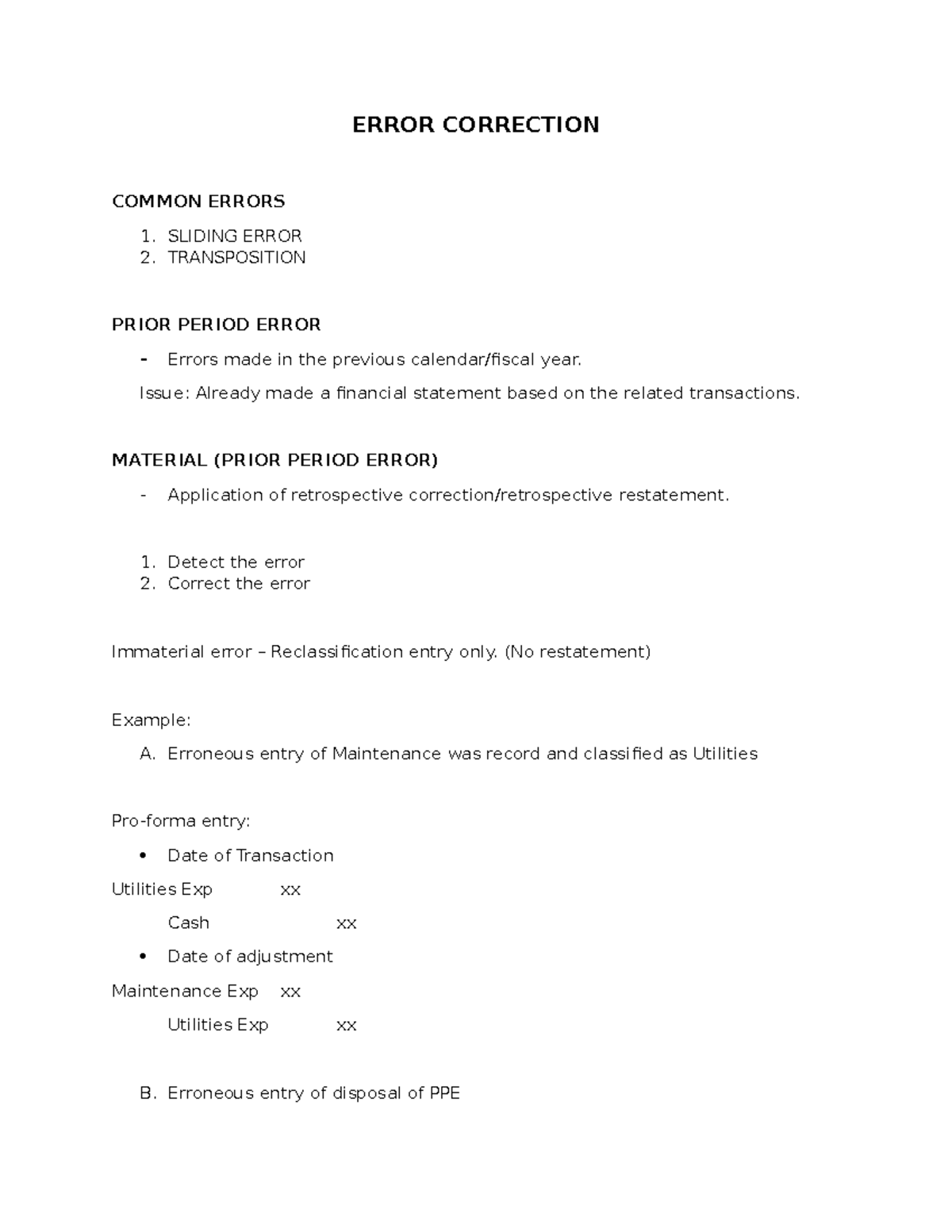 FAR 5 - Accounting Errors - ERROR CORRECTION COMMON ERRORS 1. SLIDING ERROR 2. TRANSPOSITION ...