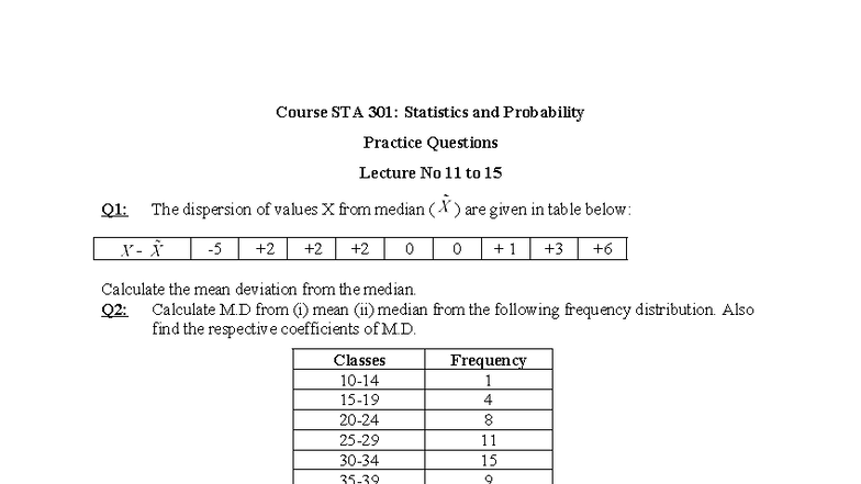 STA 301: Practice Questions for Statistics & Probability Lectures 11-15 - Studocu
