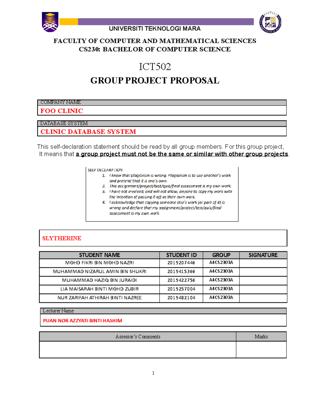 Contoh ICT450 Group Project Proposal A4CS2304A - FSKM ICT450 – DATABASE ...