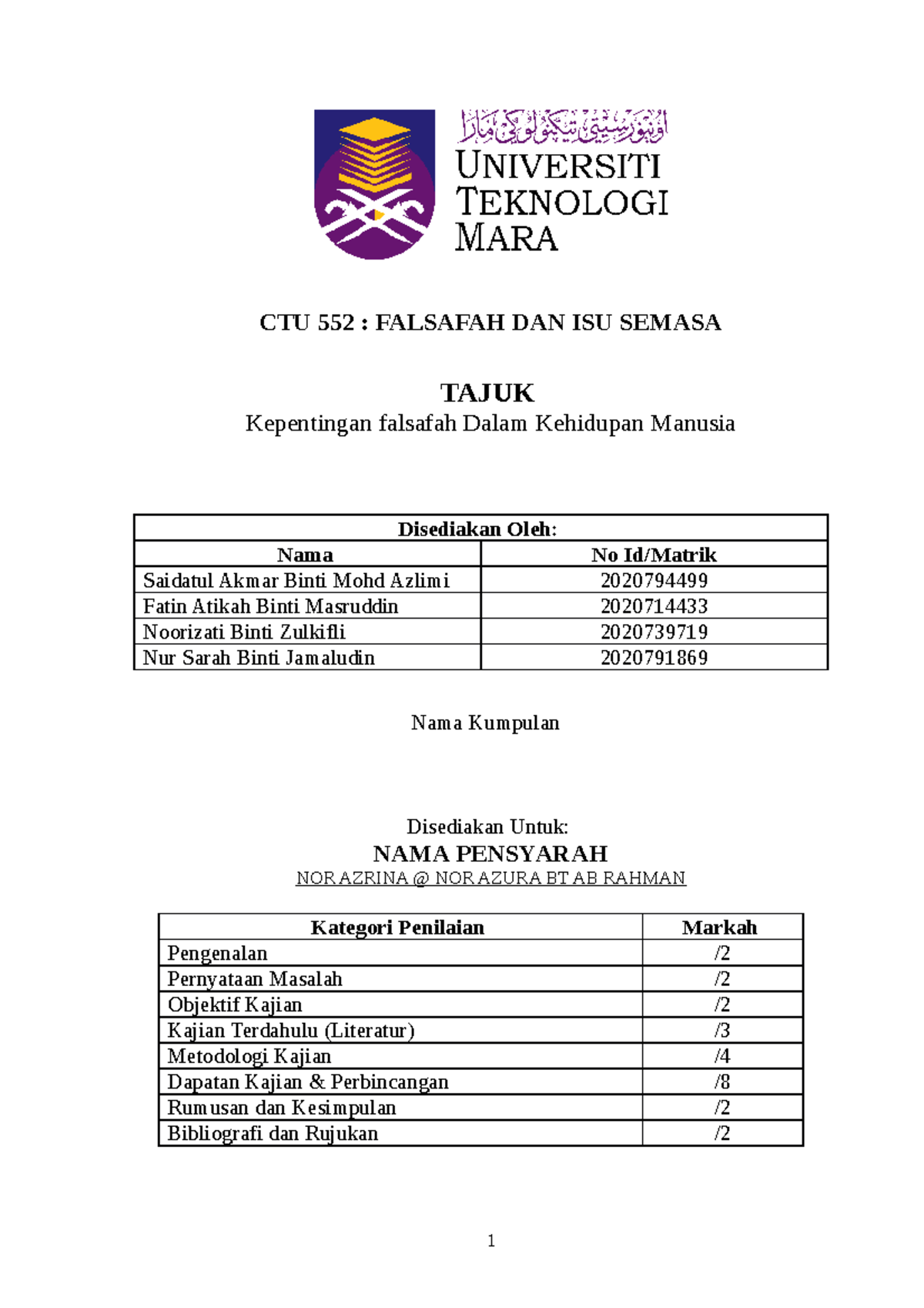 Kepentingan Falsafah Dalam Kehidupan: Assignment CTU552 - Studocu