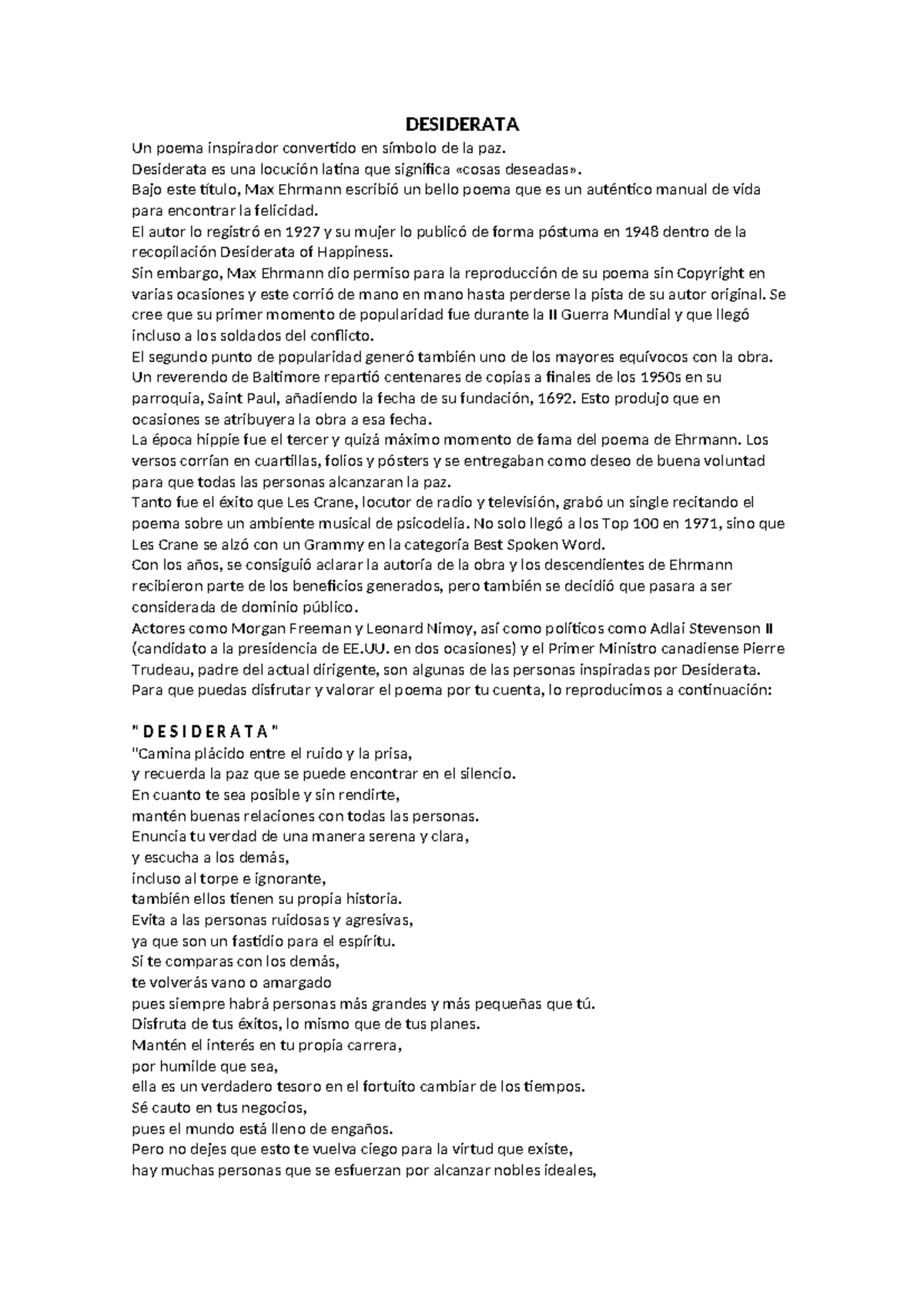 Desiderata: Un Poema de Paz y Sabiduría Vital - Studocu