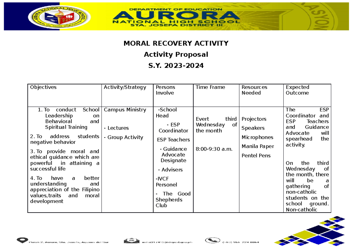 Moral Recovery Activity Proposal (ESP) for S.Y. 2023-2024 - Studocu