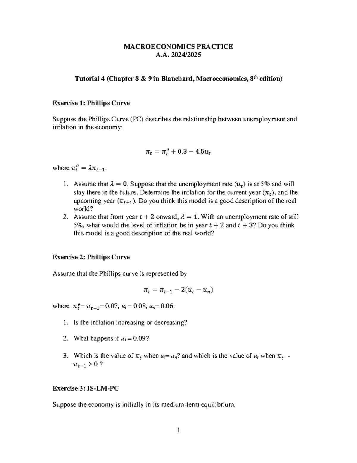 MACROECONOMICS PRACTICE A.A. Tutorial 4: Phillips Curve Exercises - Studocu