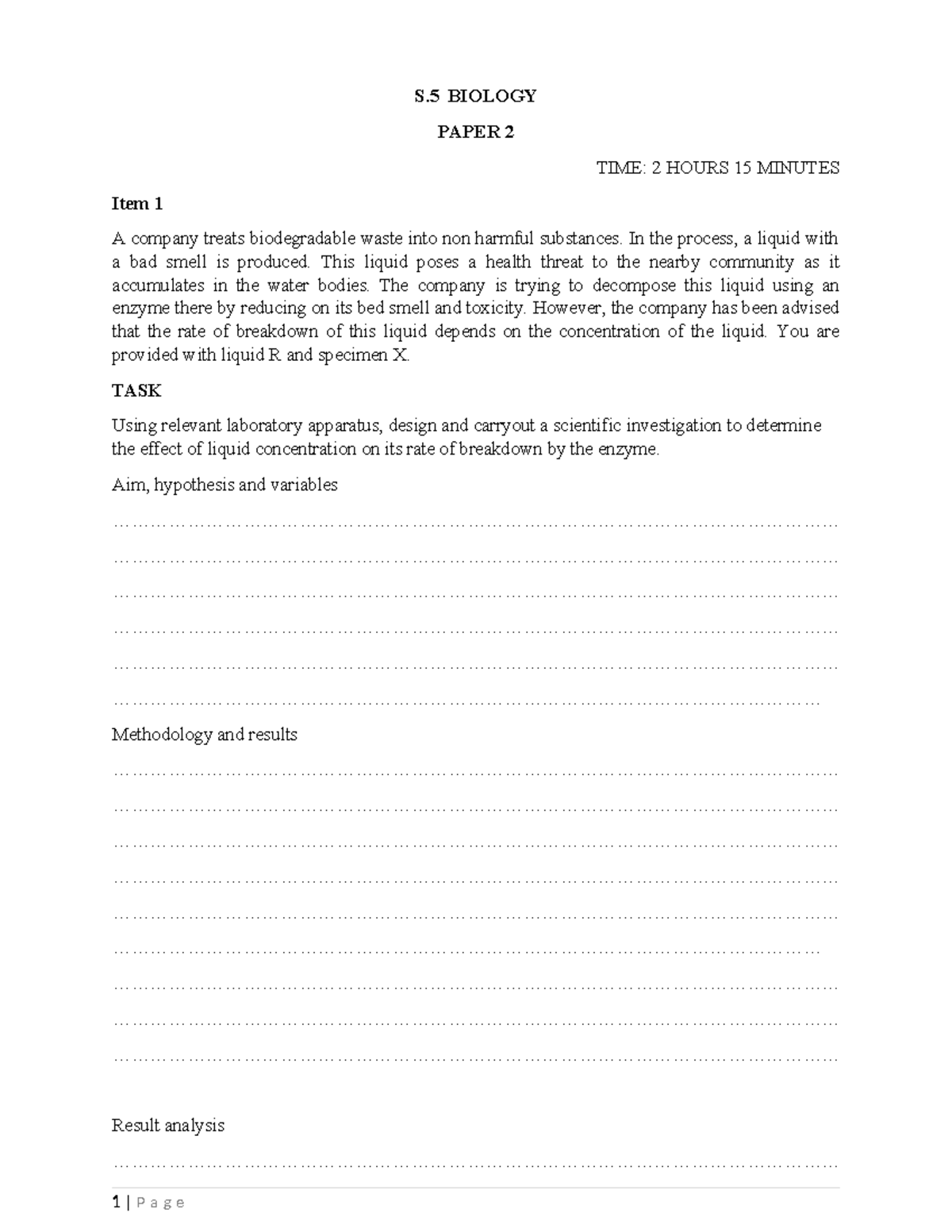 S5 Biology - Paper 2 Investigation on Enzyme Breakdown and Plant ...