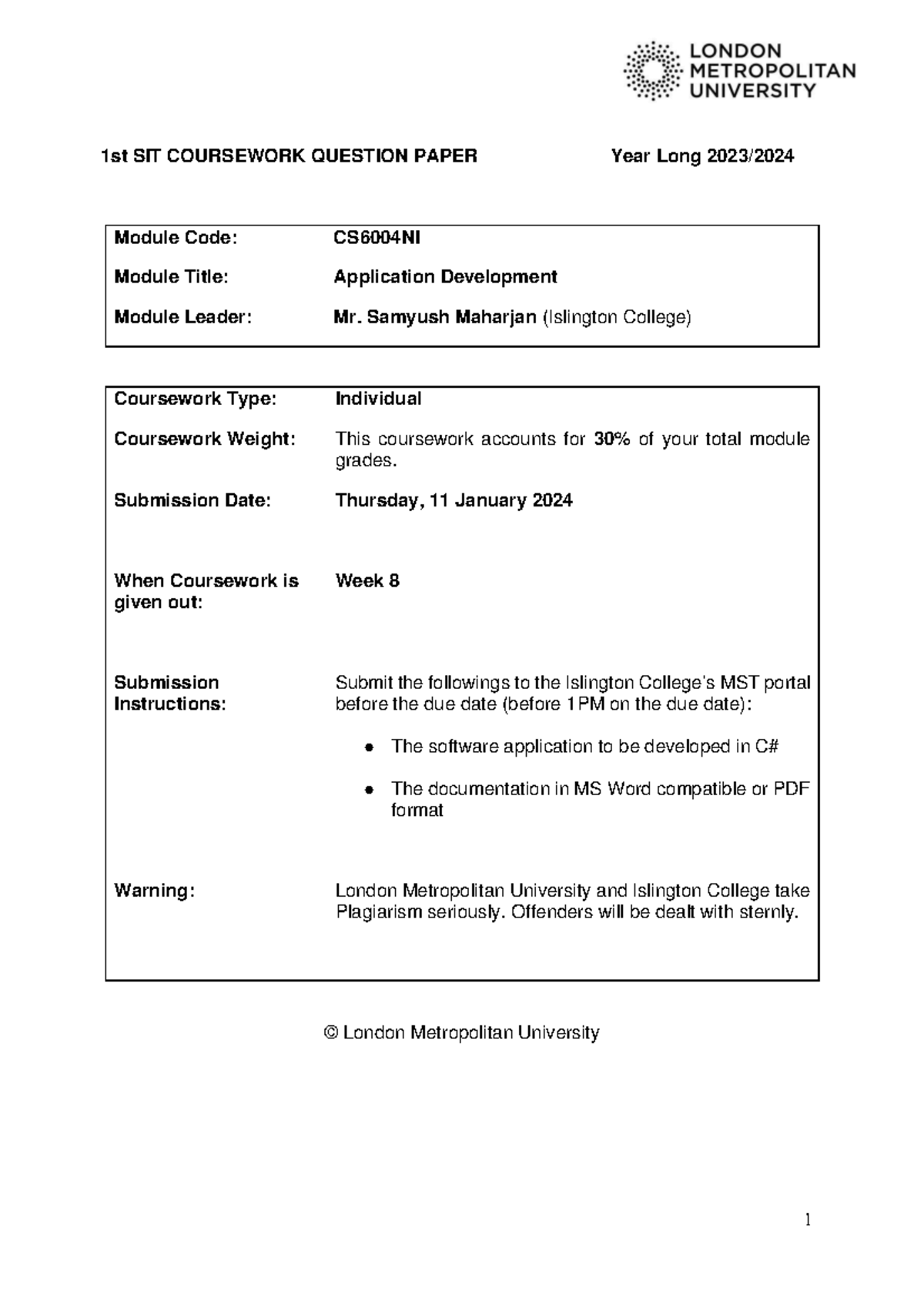 CS6004NI Application Development Coursework Question Paper 2023/24 ...