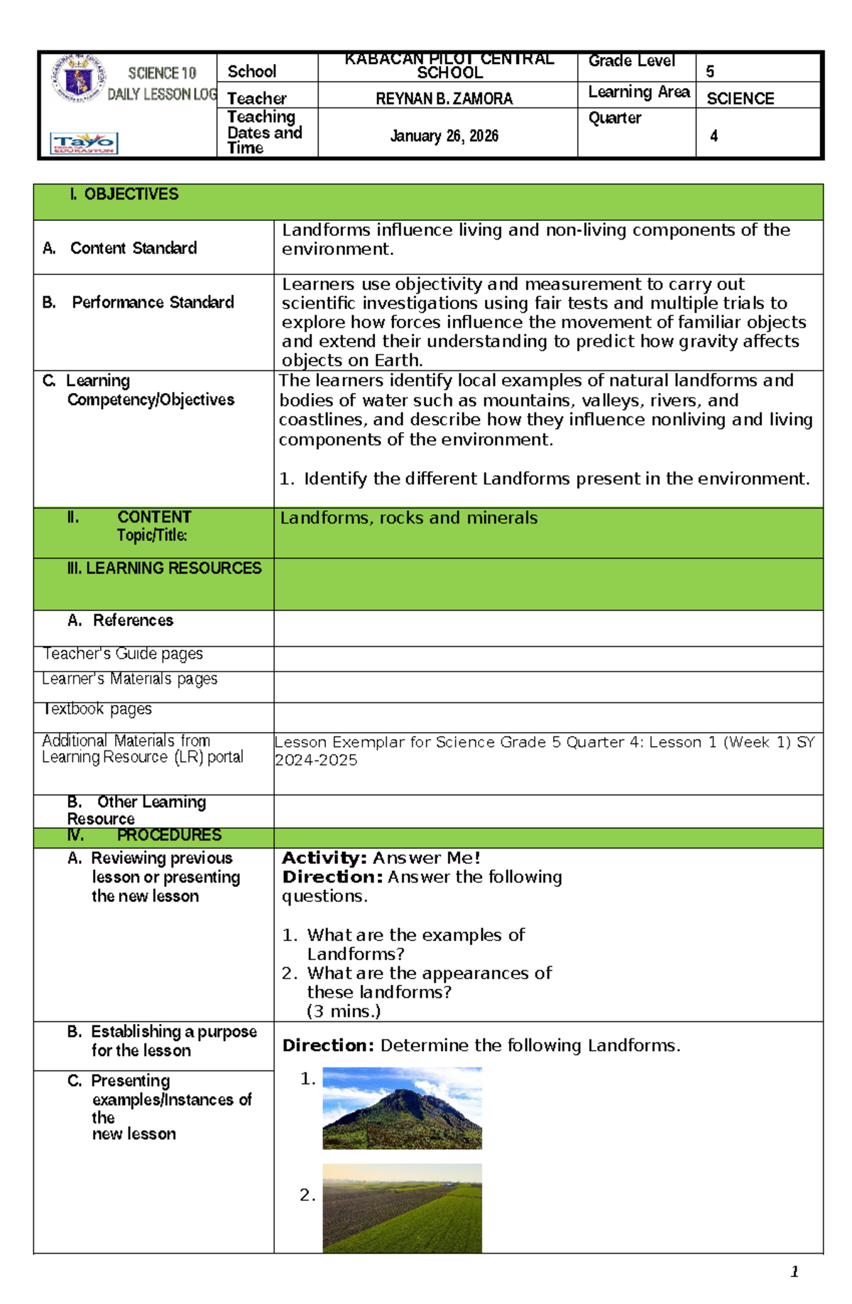Grade 5 Science Lesson Exemplar: Landforms Q4 Week 1 - Studocu
