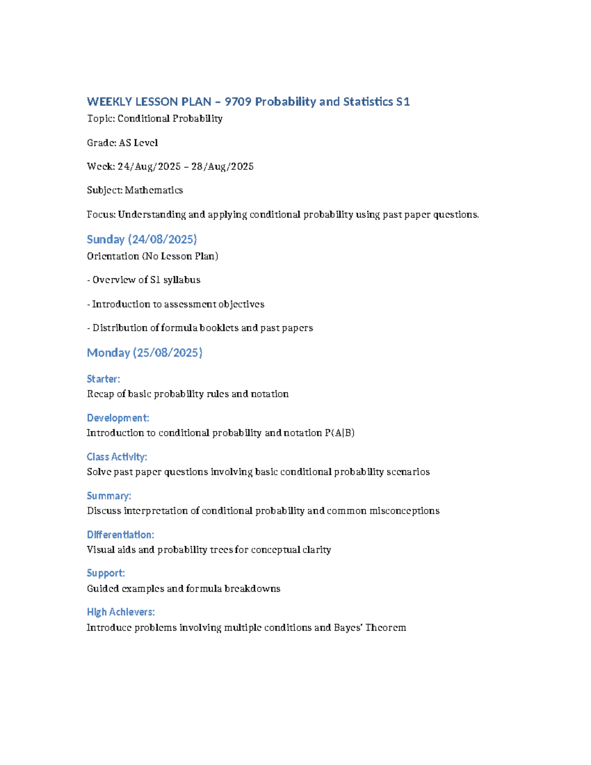 Conditional Probability Lesson Plan 9709 - AS Level S1 - Studocu